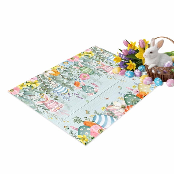 Easter Eggs Door Mat Spring Yellow Pink Floral Leaves Light Green Wood ...
