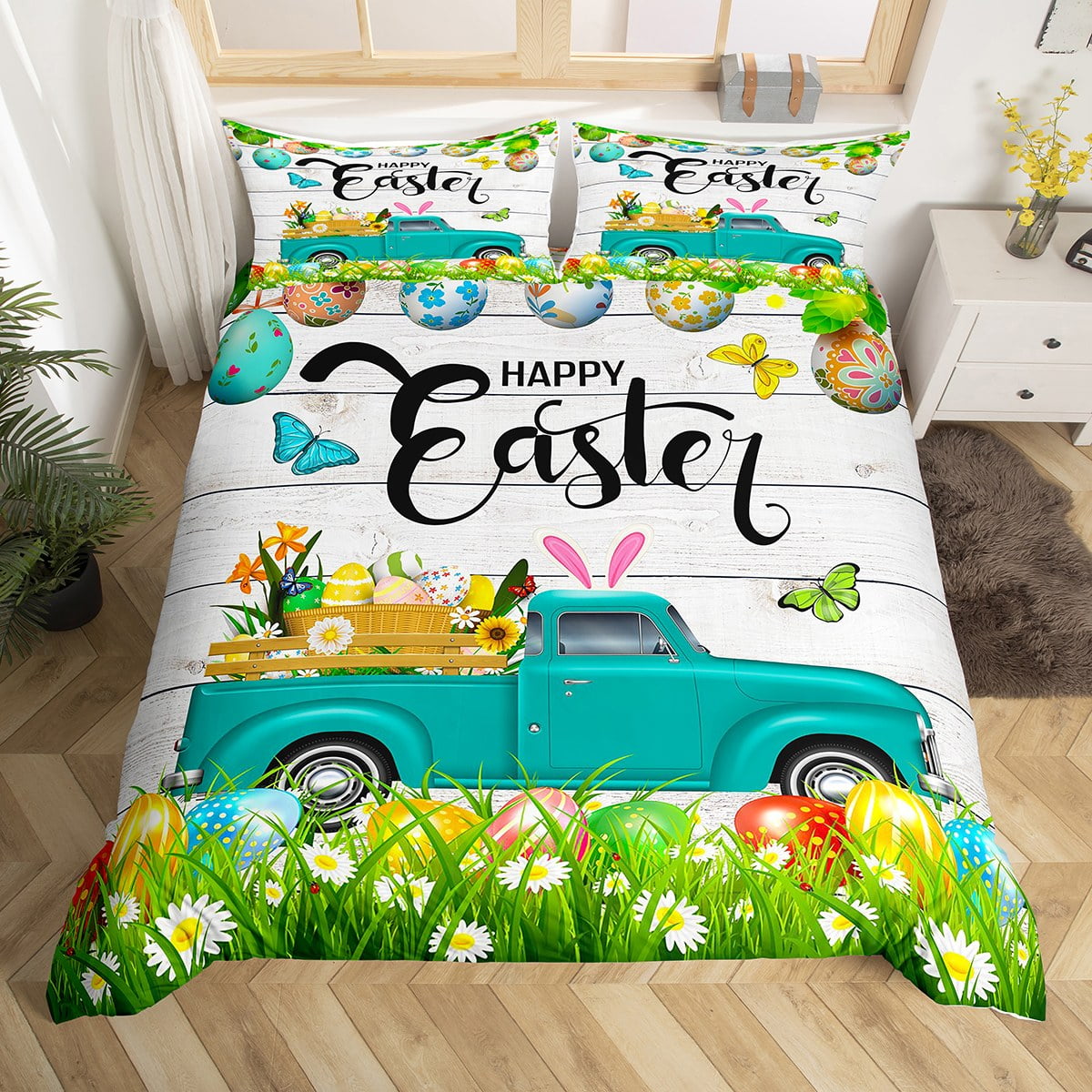 Easter Eggs Duvet Cover Green Farm Truck Bedding Set Happy Easter ...