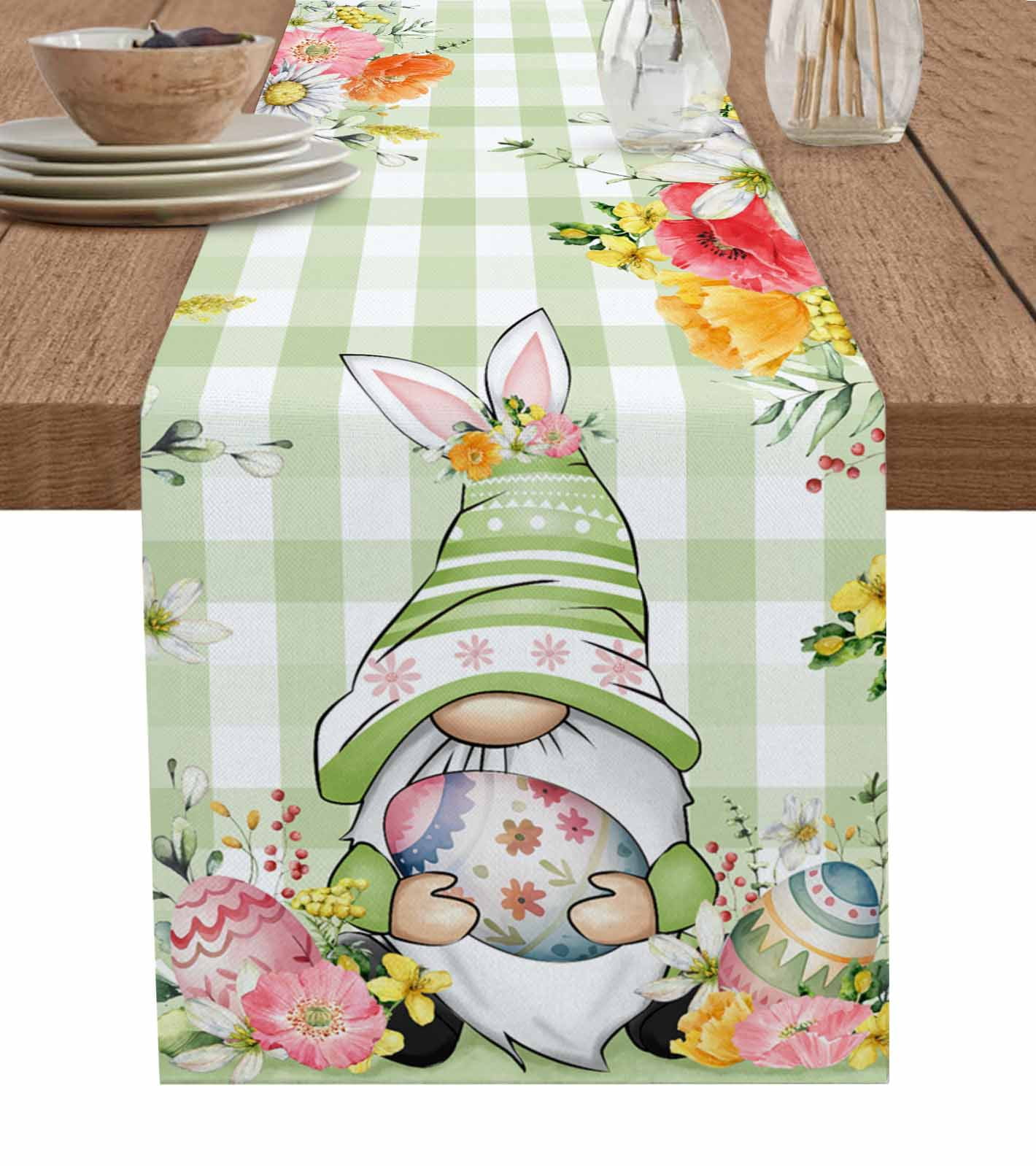 Easter Eggs Dwarfs Spring Flowers Leaves Table Runner Kitchen Dining ...