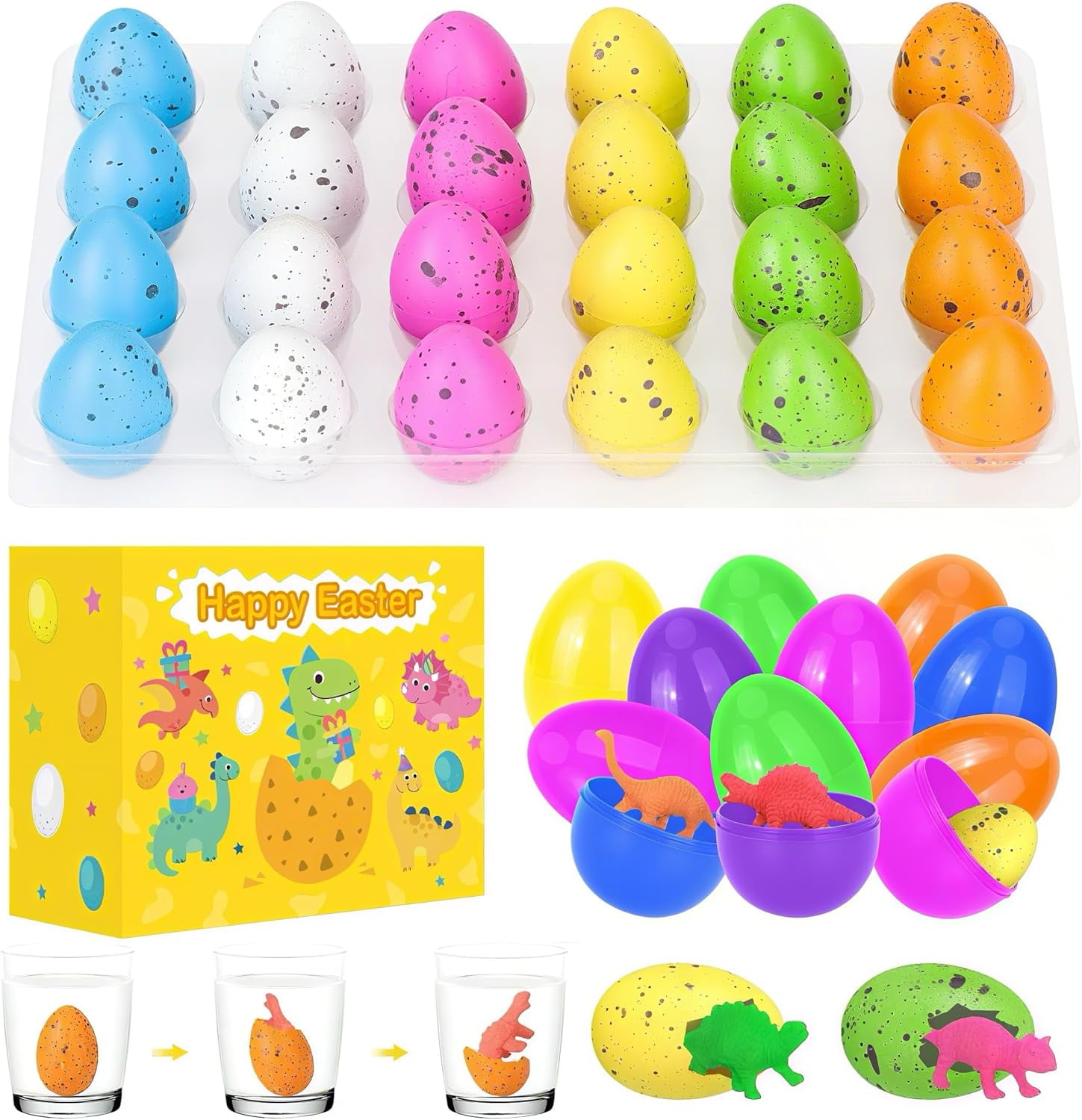 Easter Eggs Fillers 24 Packs - Hatching Dinosaur Eggs Bulk - Colorful Eggs with Mini Dinosaurs ...