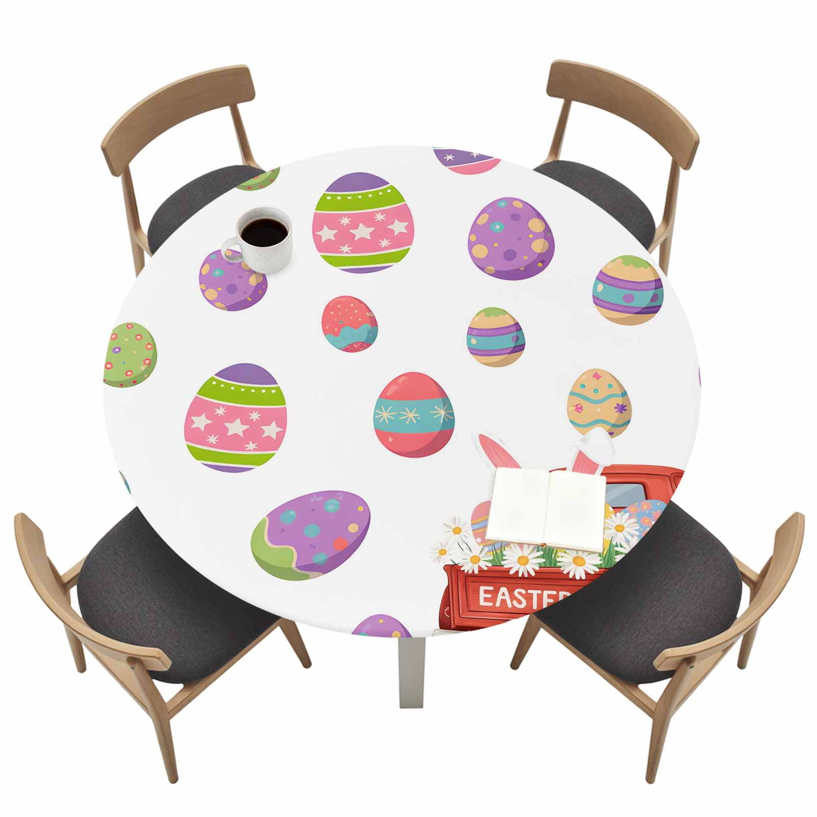 Easter Eggs Fitted Tablecloth with Elastic Edged, Round Table Cloth for ...