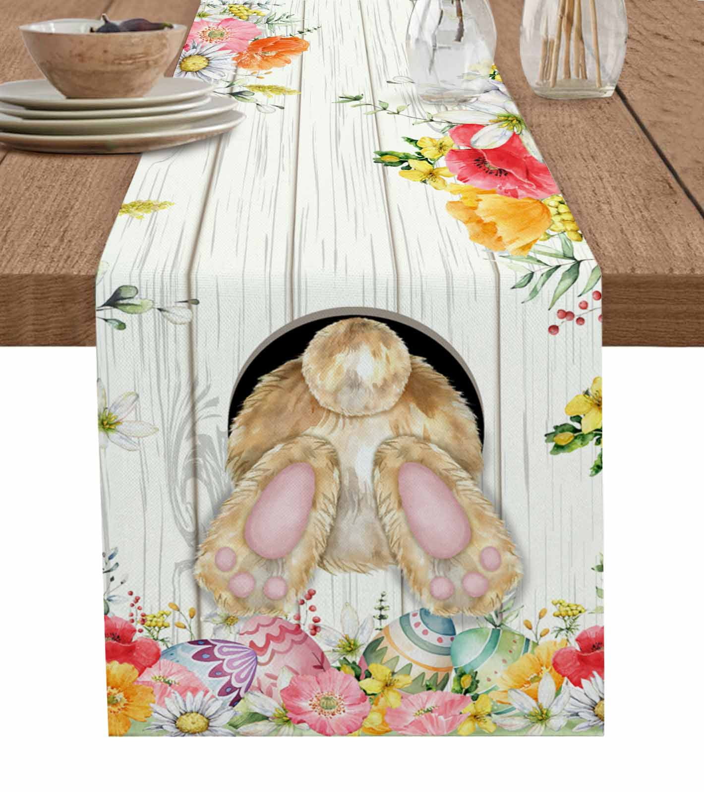 Easter Eggs Floral Bunny Tail Table Runner Kitchen Dining Table r for ...