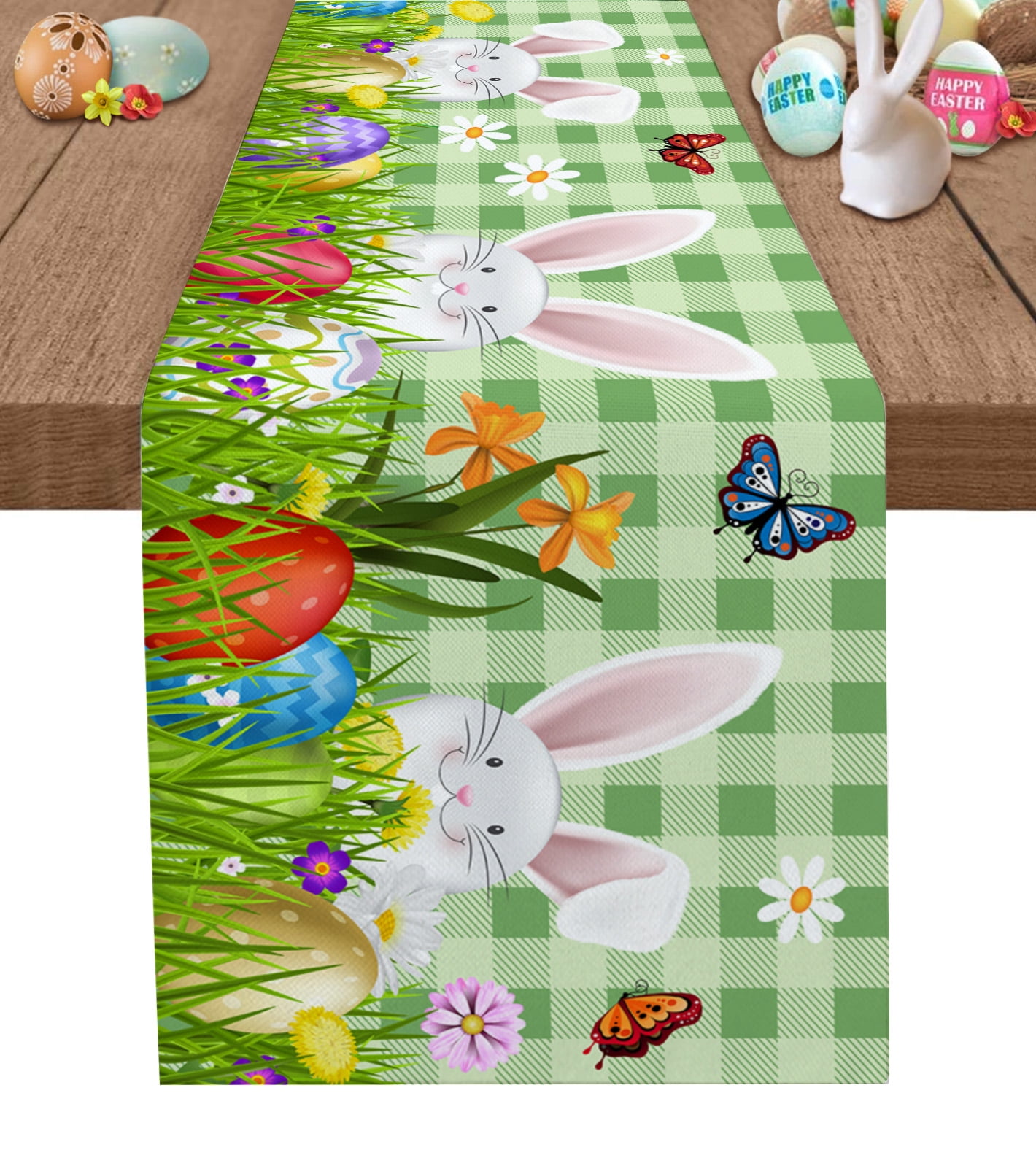Easter Eggs Green Plaid Daisies Table Runner Modern Tablecloths Home ...