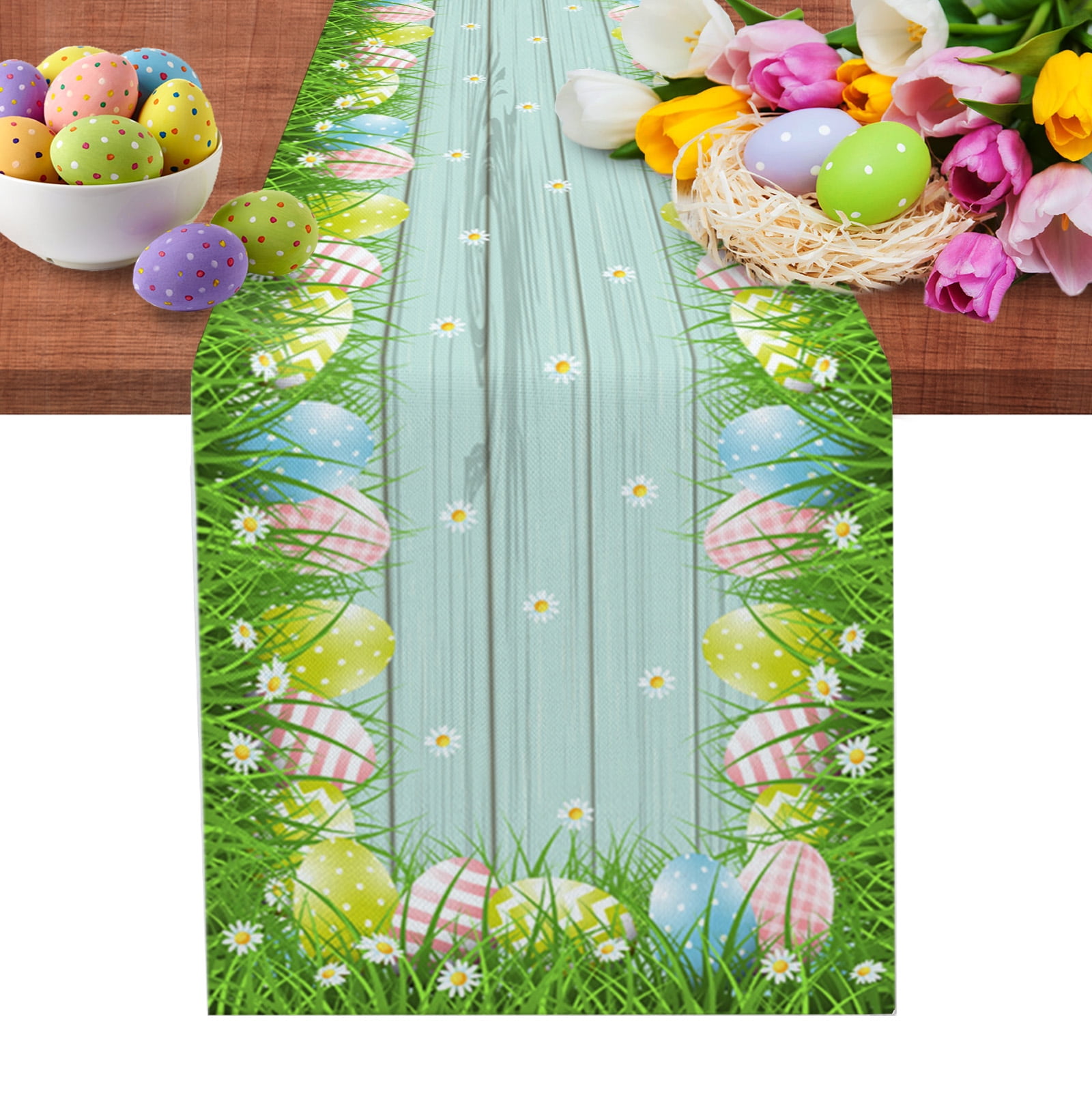 Easter Eggs Green Plaid Daisies Table Runner Modern Tablecloths Home ...