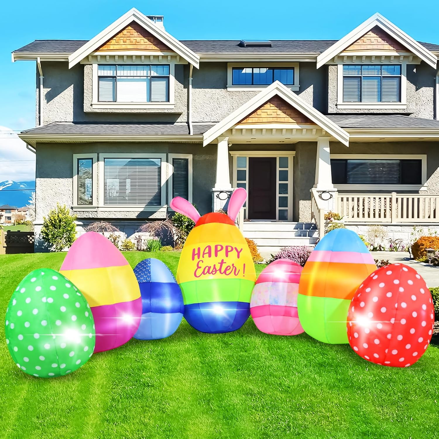 Easter Eggs Inflatables 12FT Long, Seven Eggs Inflatable Outdoor Decorations Built in LED Lights ...