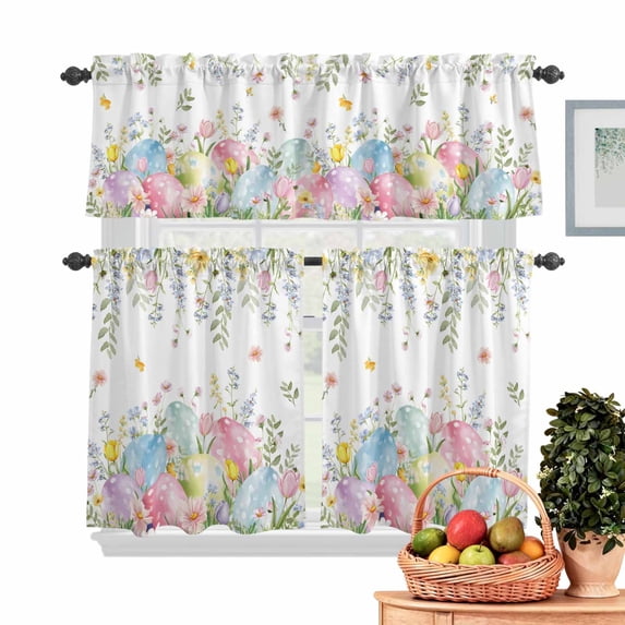 Easter Eggs Kitchen Curtains Valances 3 Piece Set, Spring Blue Purple ...