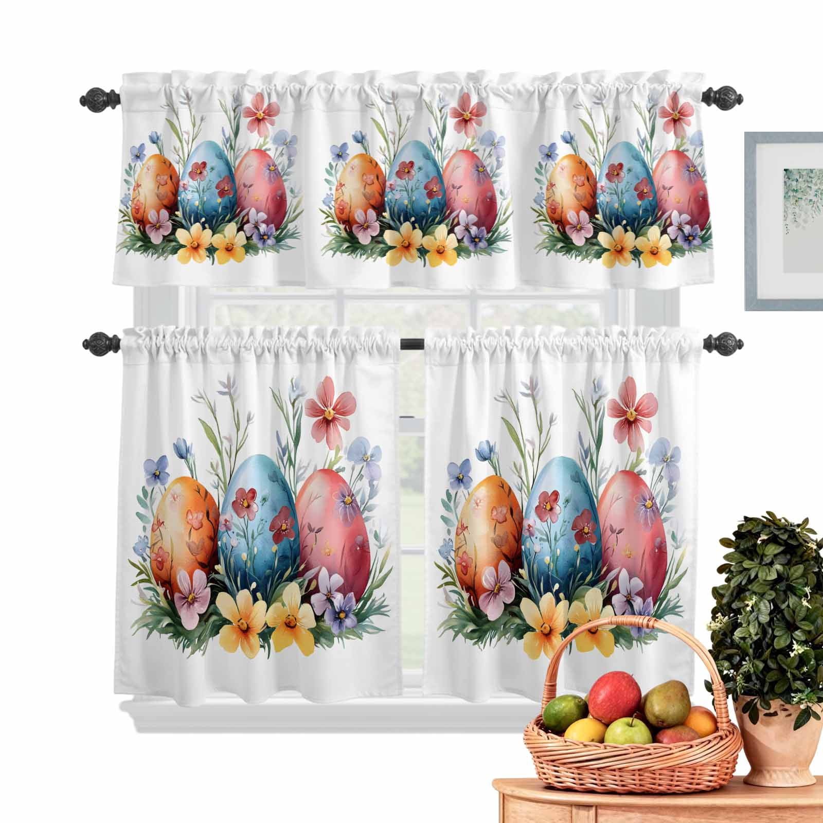 Easter Eggs Kitchen Curtains Valances 3 Piece Set, Watercolor Orange ...