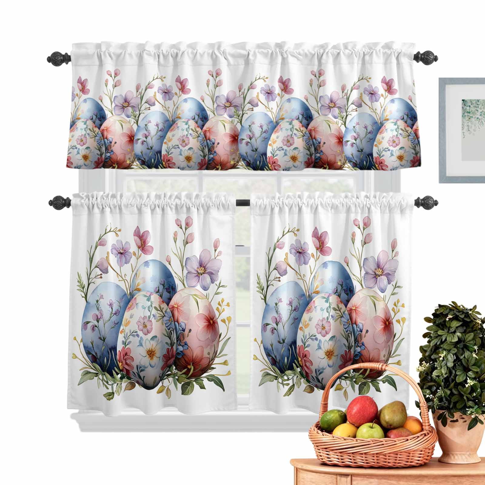Easter Eggs Kitchen Curtains Valances 3 Piece Set, Watercolor Spring ...