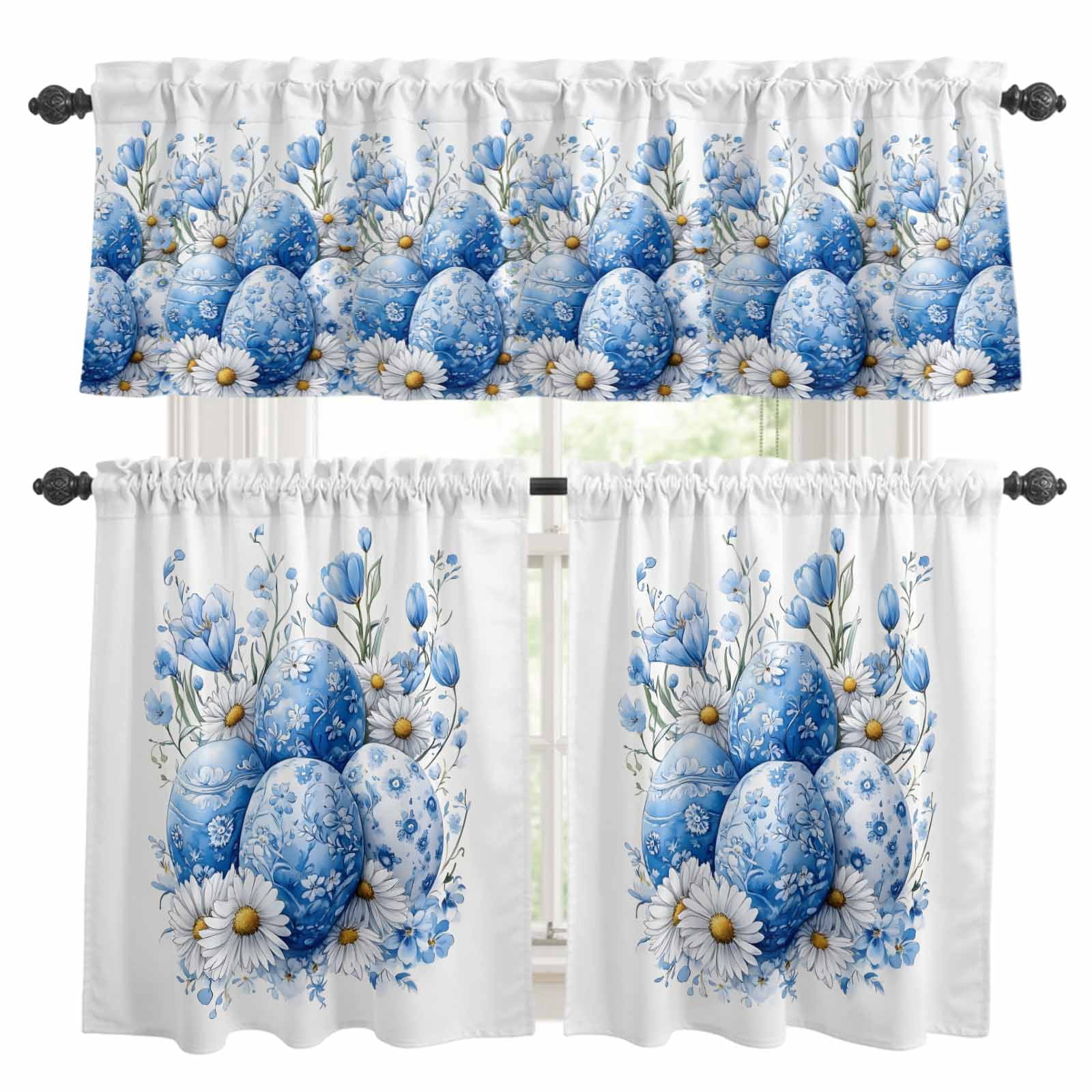 Easter Eggs Kitchen Curtains and Valances Set, Blue Egg Daisy Chinese ...