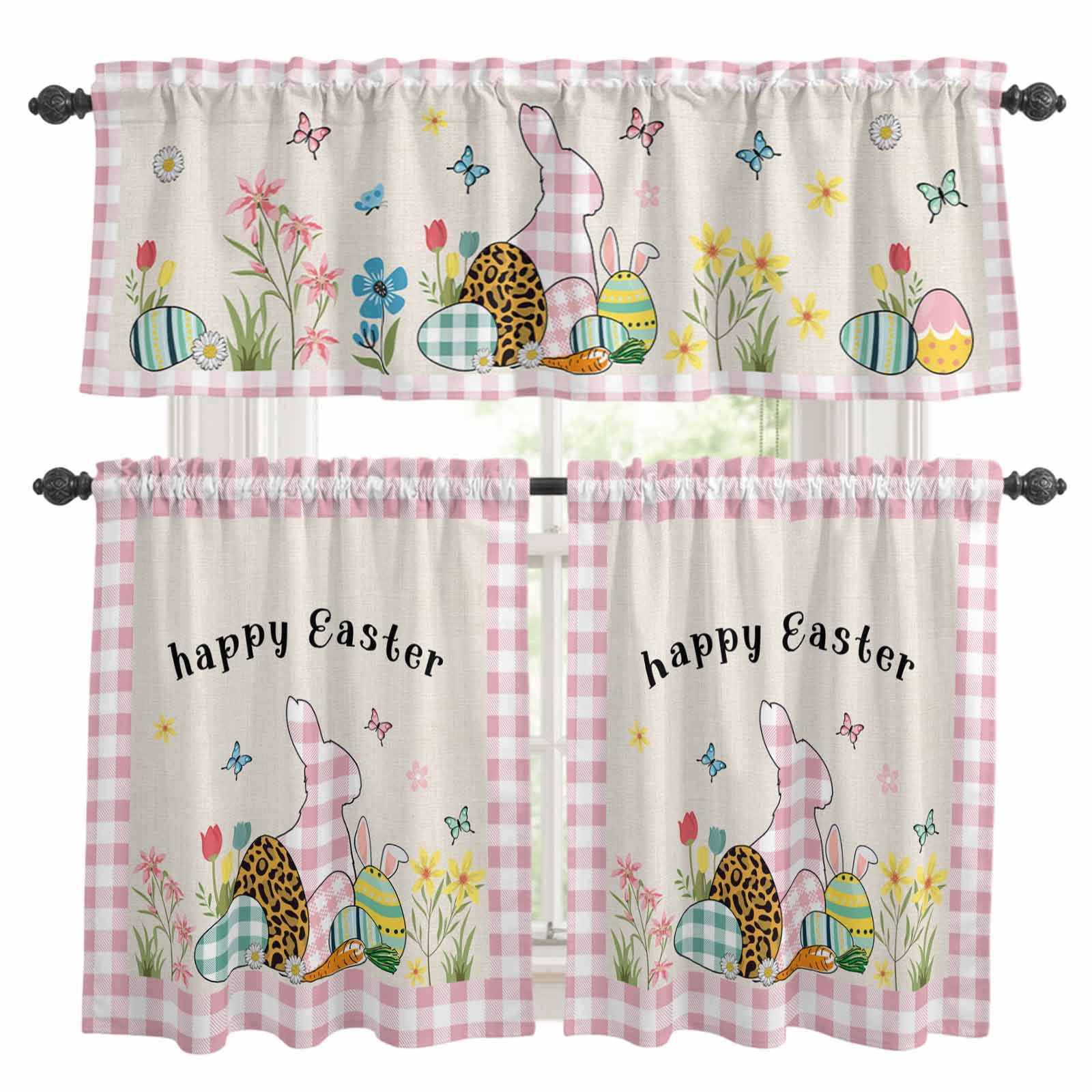 Easter Eggs Kitchen Curtains and Valances Set, Rabbits Pink Buffalo ...