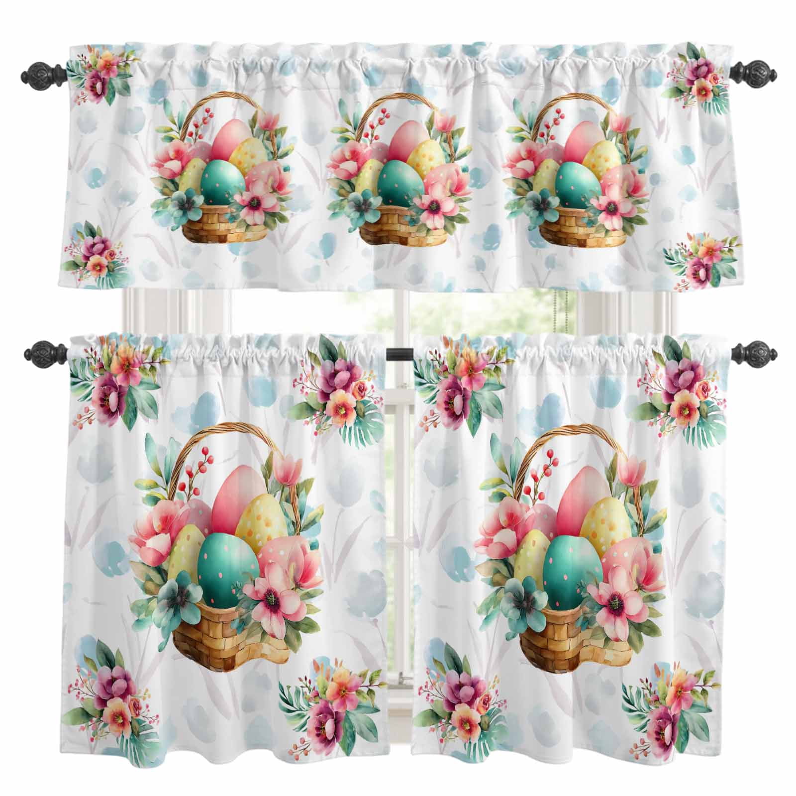 Easter Eggs Kitchen Curtains and Valances Set, Spring Watercolor Basket ...
