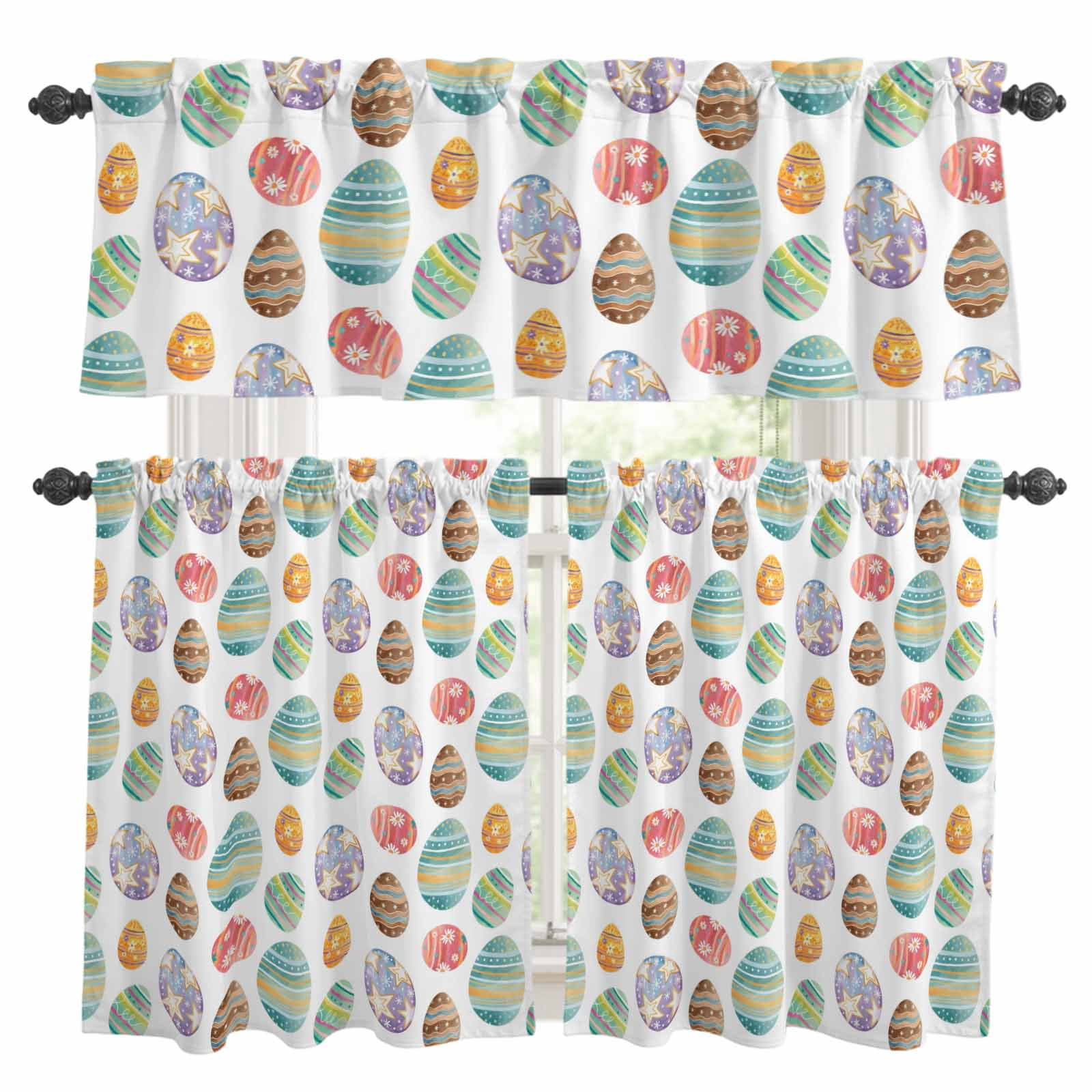 Easter Eggs Kitchen Curtains and Valances Set, Teal Brown Striped Eggs ...