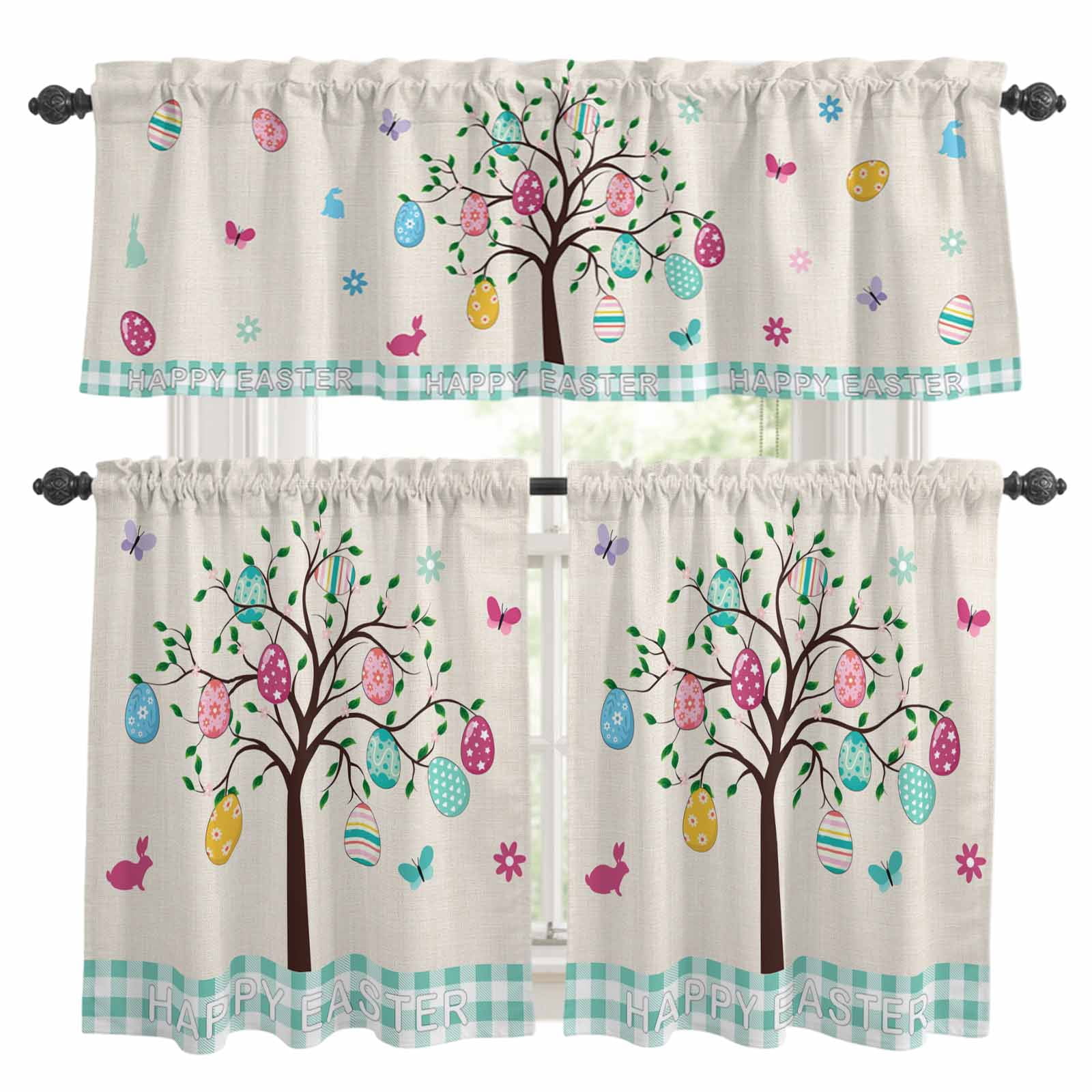 Easter Eggs Kitchen Curtains and Valances Set, Tree Rabbits Teal ...