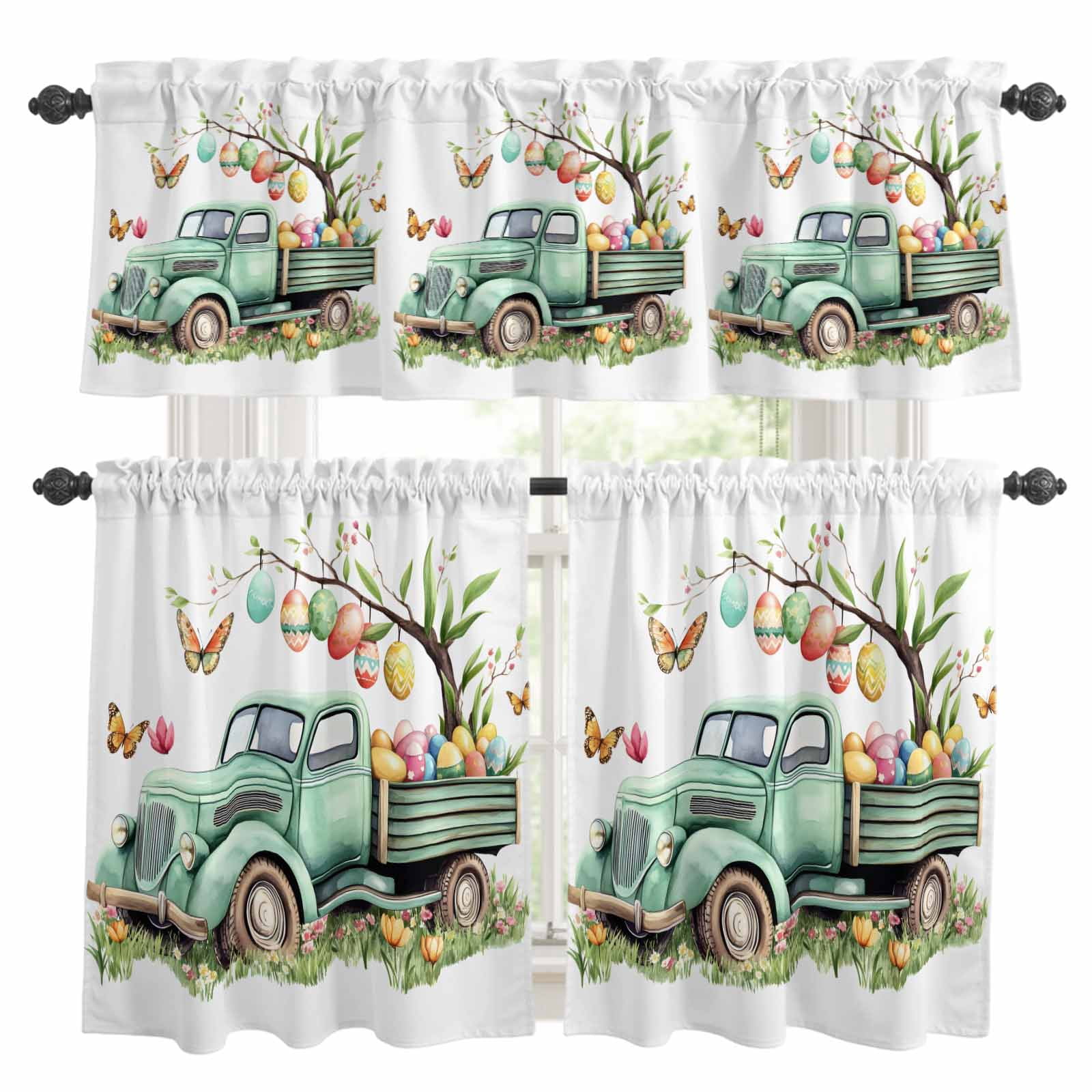 Easter Eggs Kitchen Curtains and Valances Set, Truck with Egg Flowers ...