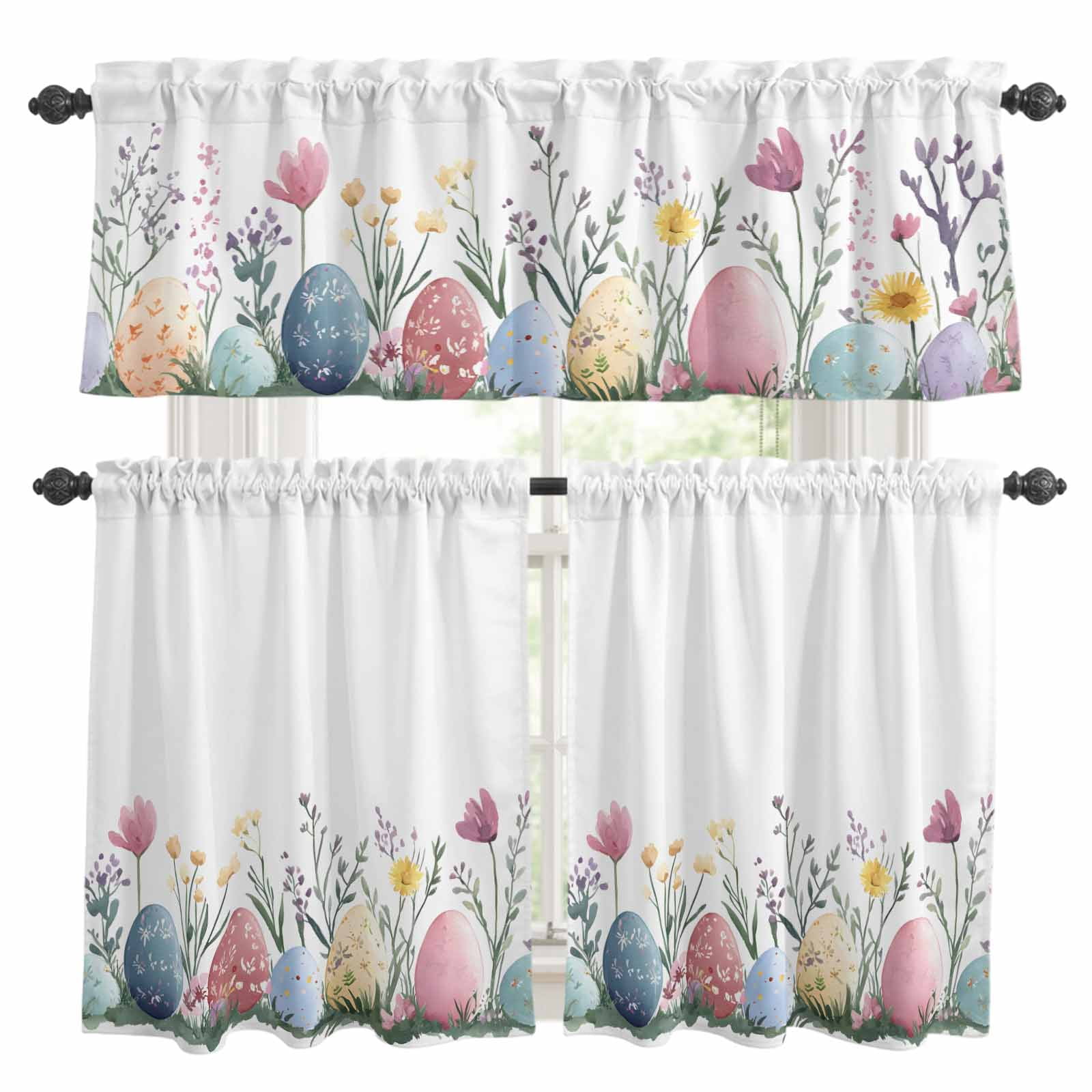 Easter Eggs Kitchen Curtains and Valances Set, Watercolor Red Blue ...