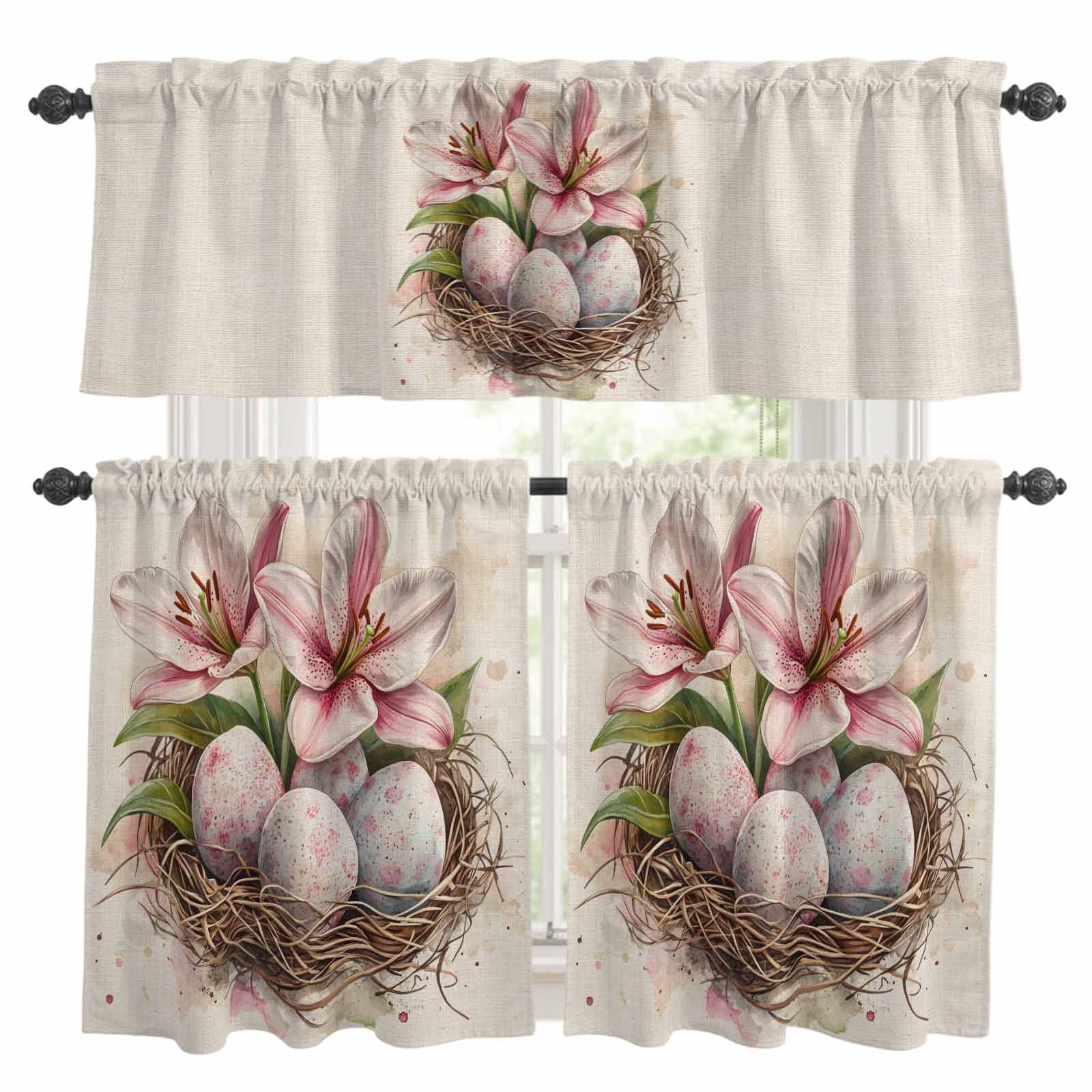 Easter Eggs Nest Kitchen Curtains and Valances Set, Watercolor Pink Egg ...