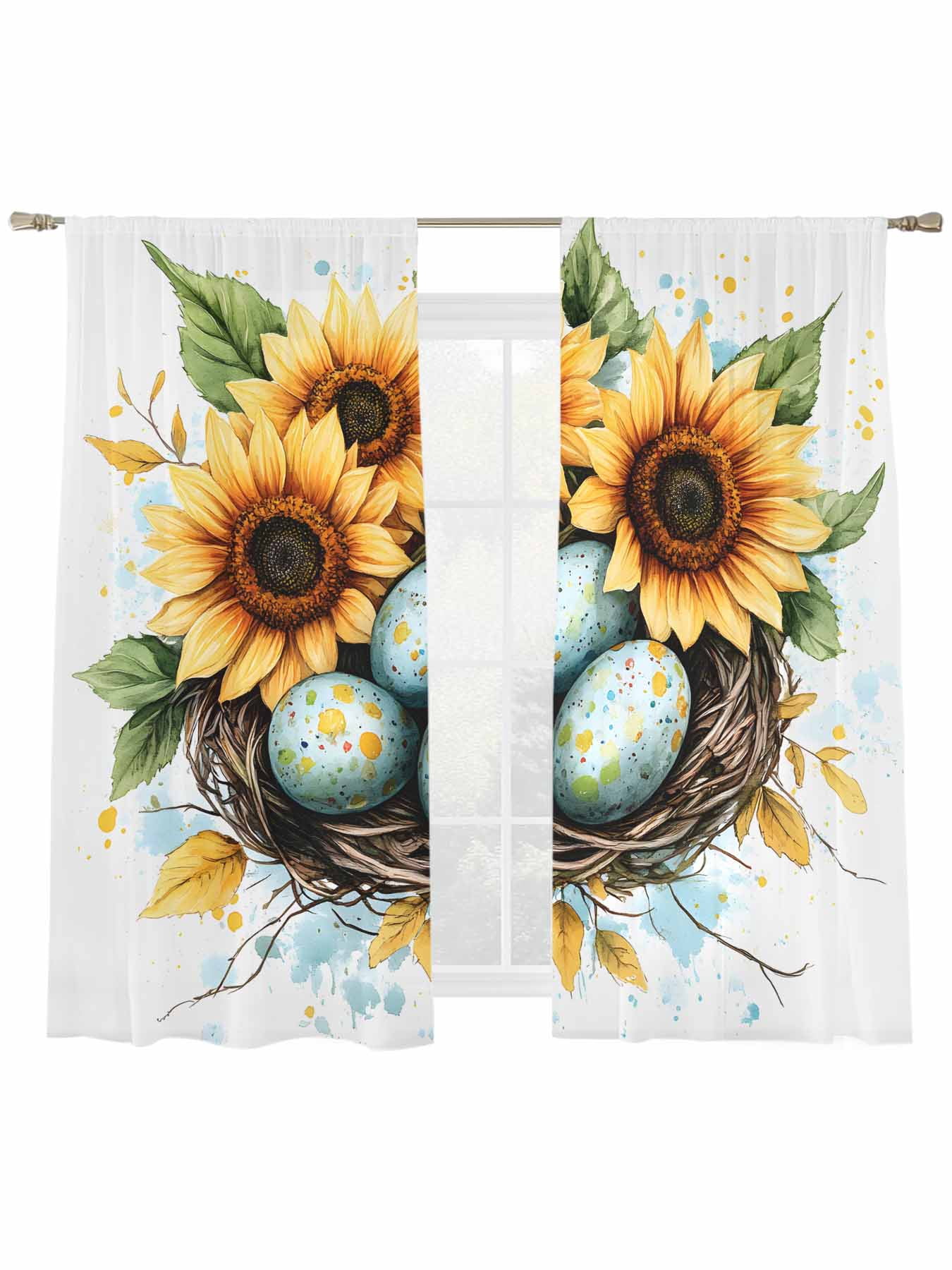 Easter Eggs Nest Sheer Curtains 2 Panels Set Watercolor Green Egg ...
