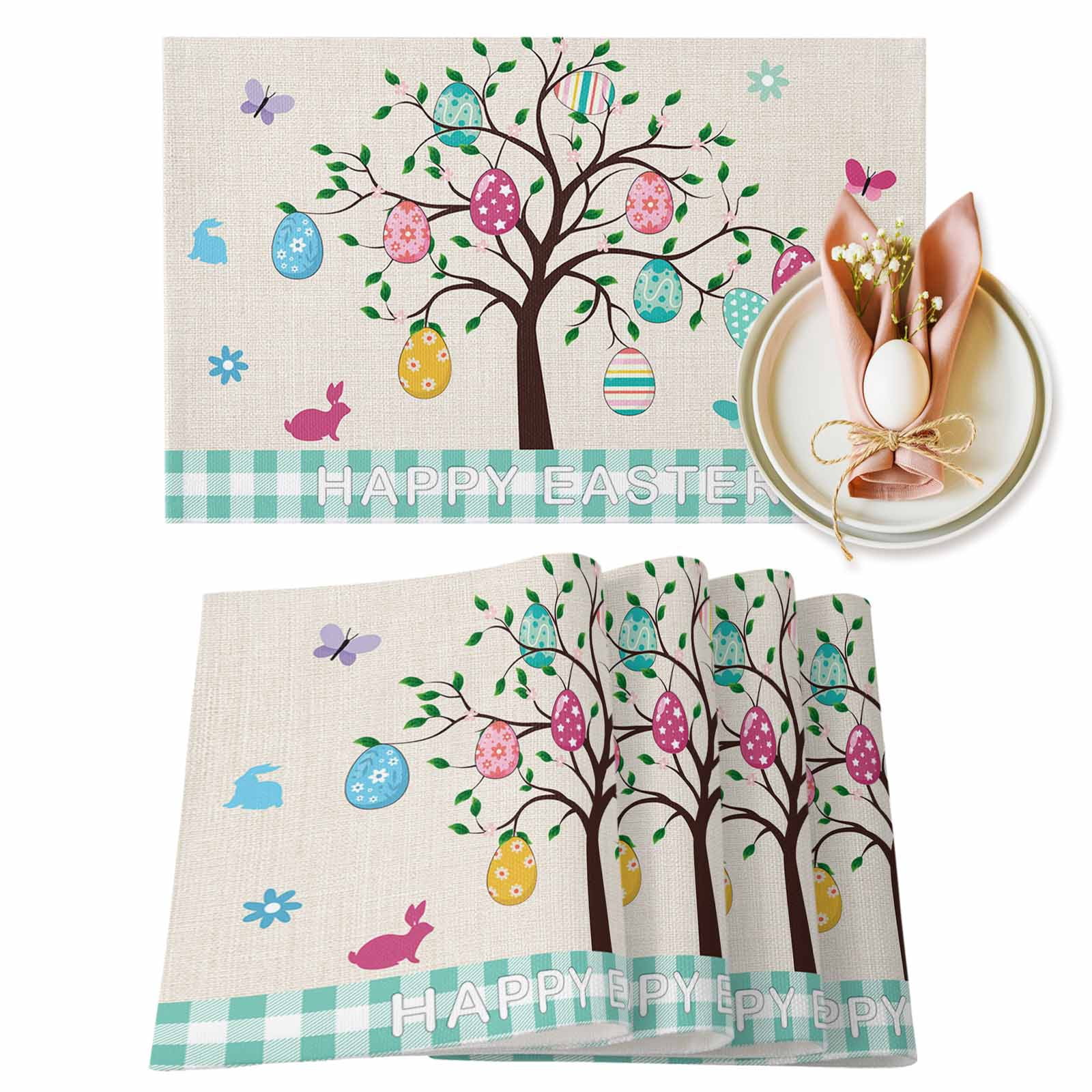 Easter Eggs Placemats Set of 1, Tree Rabbits Teal Buffalo Plaid Retro ...