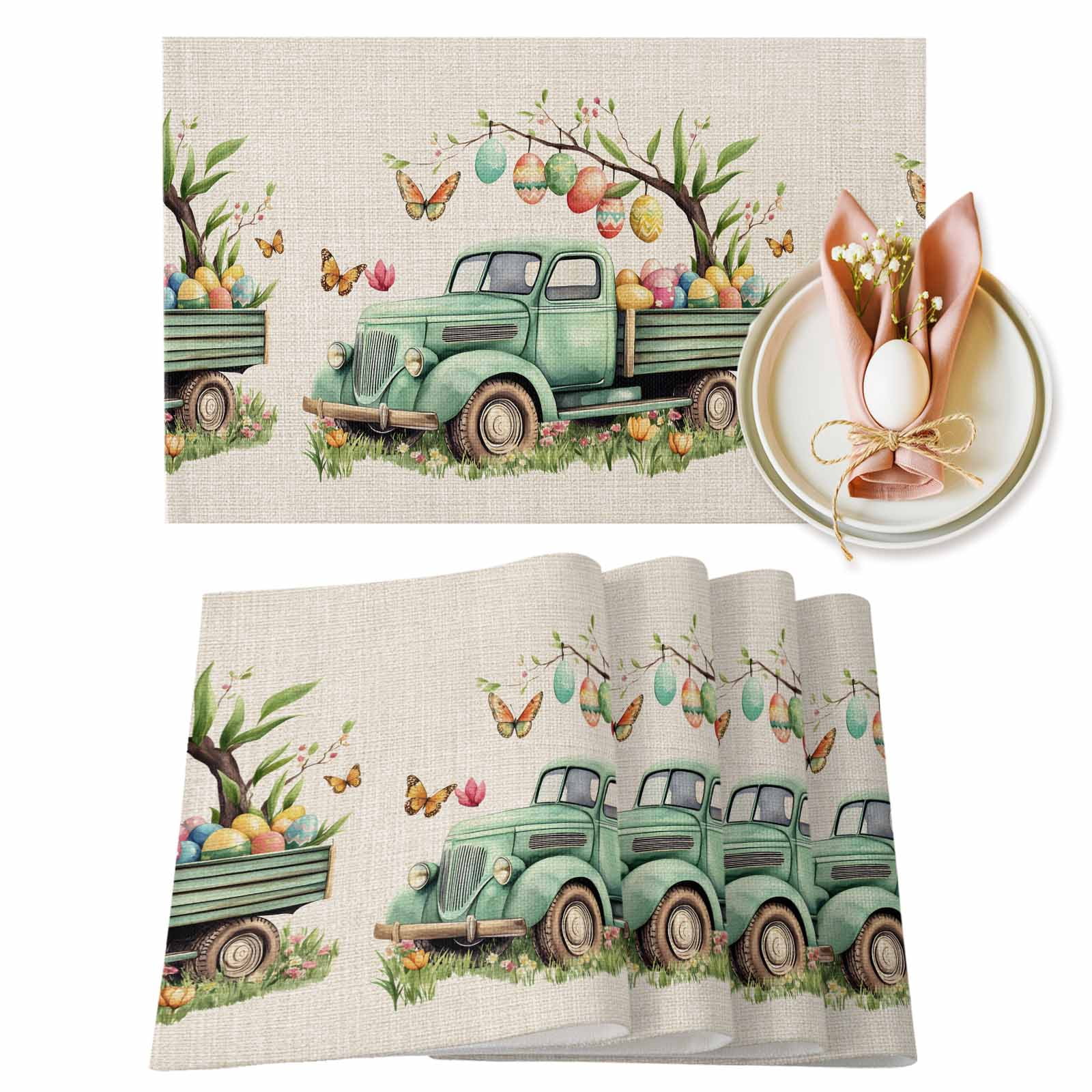 Easter Eggs Placemats Set of 1, Truck with Egg Heat Insulated Linen ...