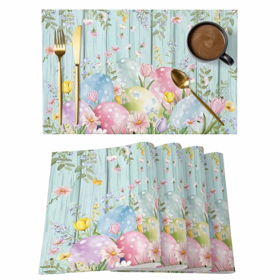 Easter Eggs Placemats Set of 12, Spring Colorful Eggs Floral Leaf Green ...