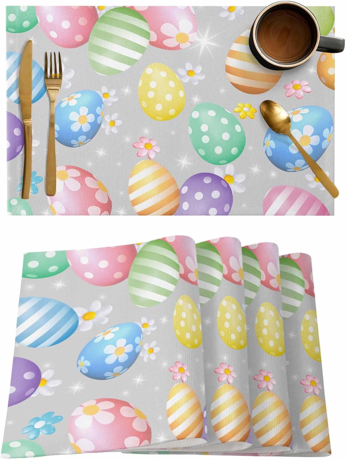 Easter Eggs Placemats Set of 6, Washable Woven Burlap Cloth Fabric ...