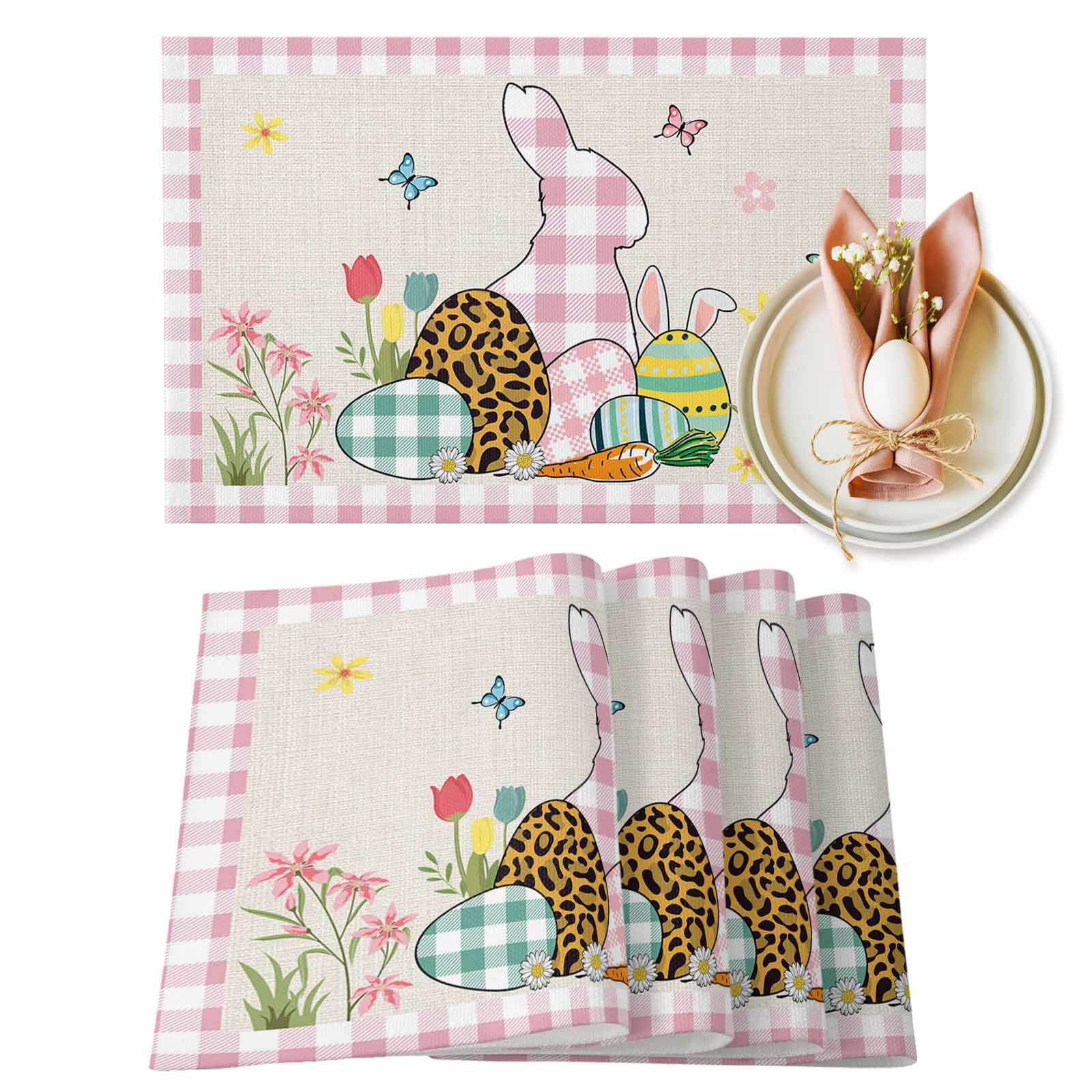 Easter Eggs Placemats Set of 8, Rabbits Pink Buffalo Plaid Retro ...