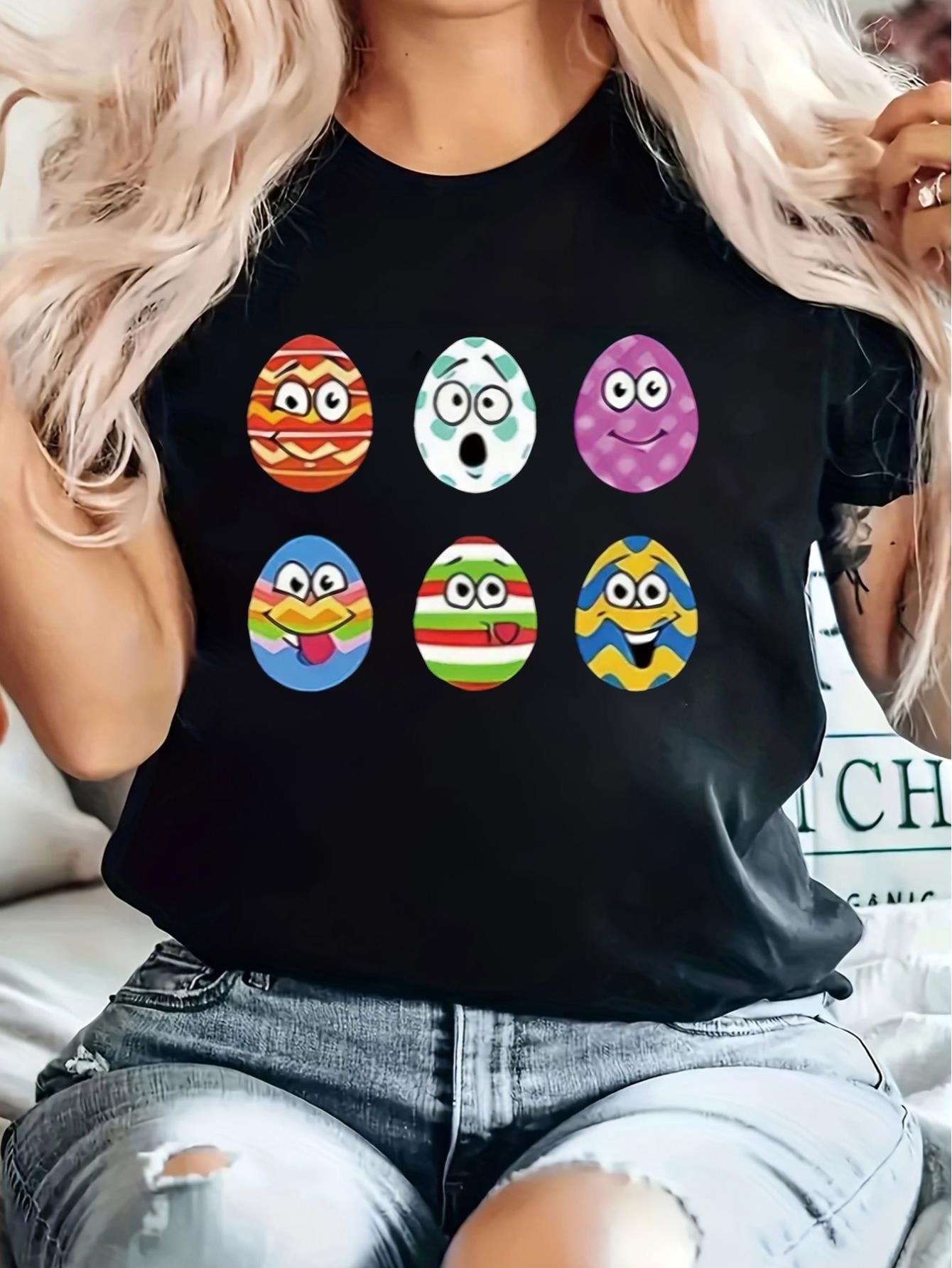 Easter Eggs Print T-Shirt, Casual Crew Neck Short Sleeve Comfort Tee ...