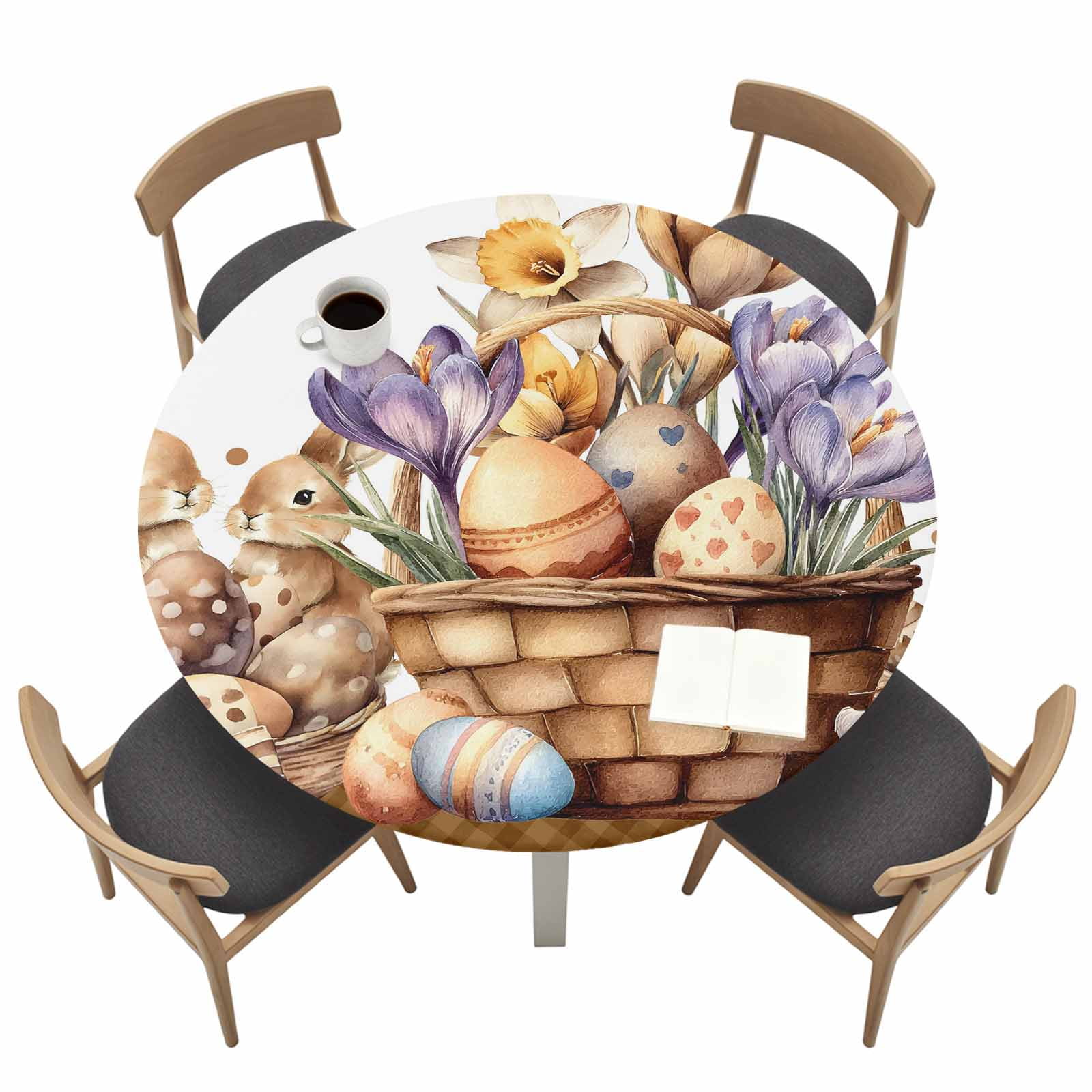 Easter Eggs Round Fitted Tablecloth with Elastic Edge Spring Brown ...