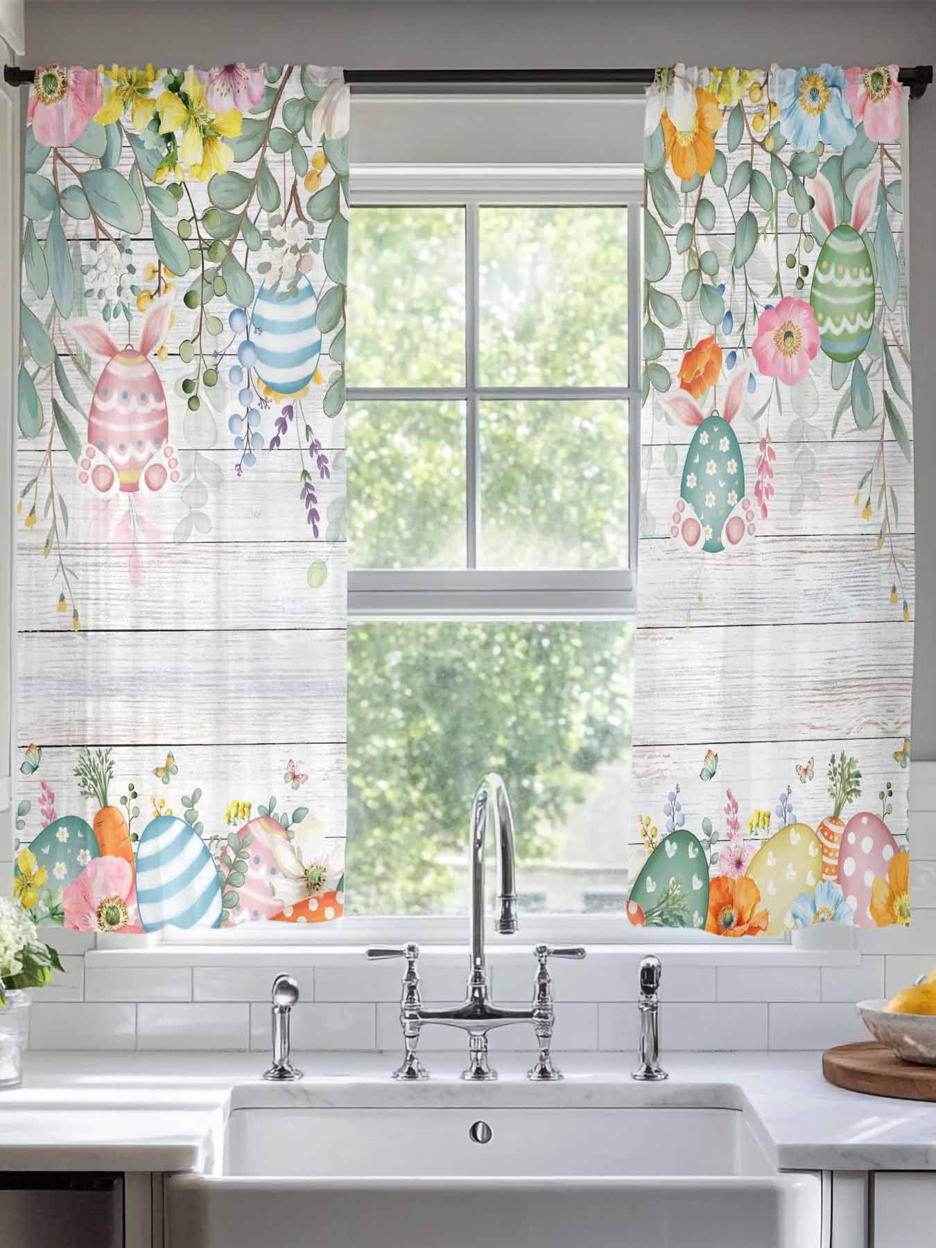 Easter Eggs Sheer Curtains 2 Panels Set, 52''Wx72''L Spring Yellow Pink ...