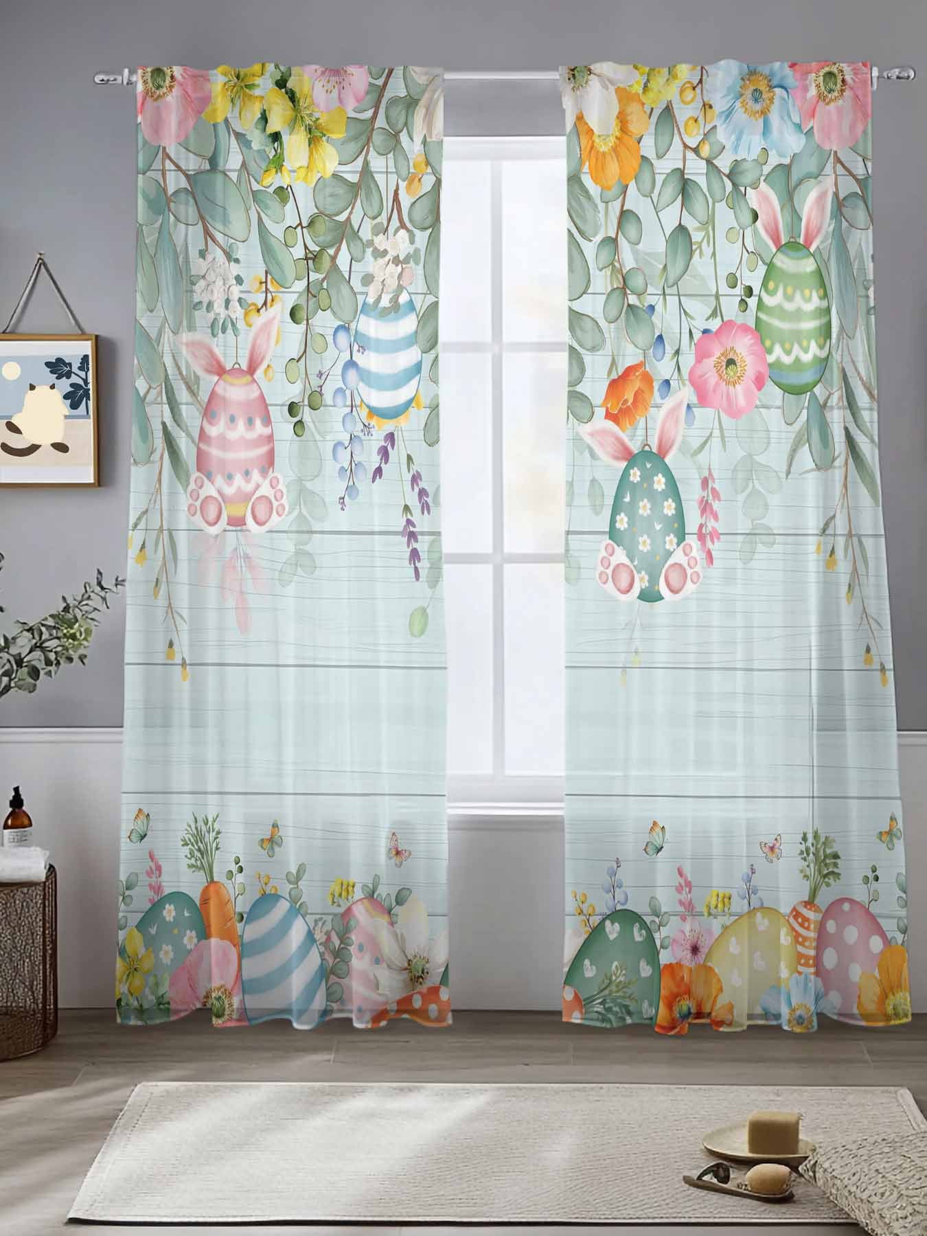 Easter Eggs Sheer Curtains 2 Panels Set, 52''Wx84''L Spring Yellow Pink ...