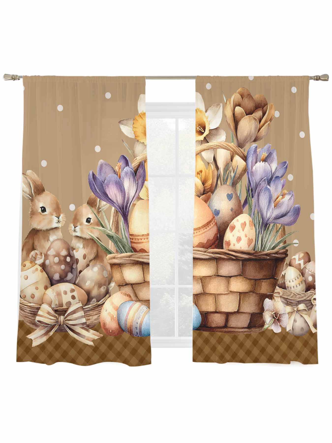 Easter Eggs Sheer Curtains 2 Panels Set Spring Rabbits Basket Eggs ...