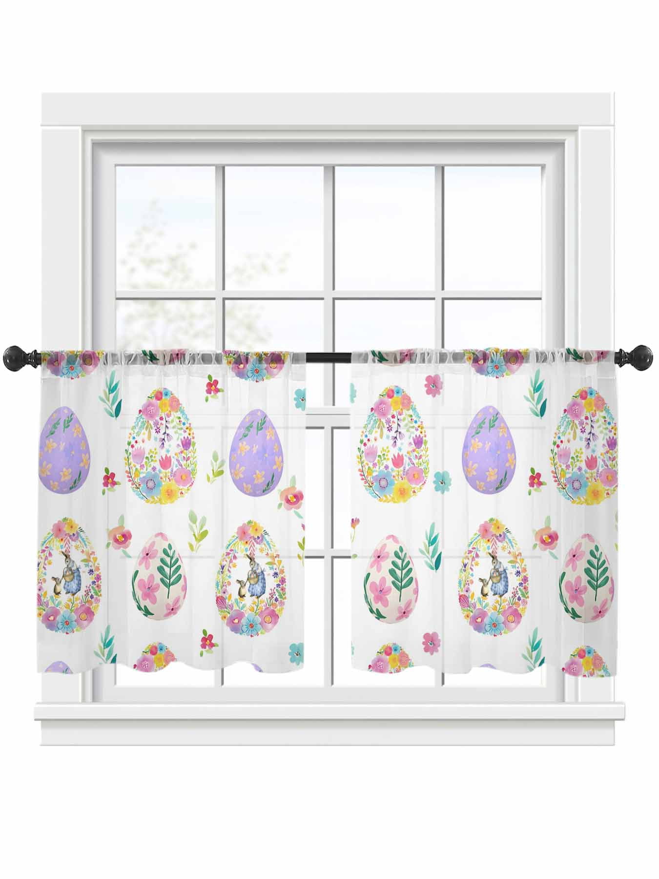 Easter Eggs Sheer Curtains 2 Panels Set Spring Rabbits Floral Purple ...