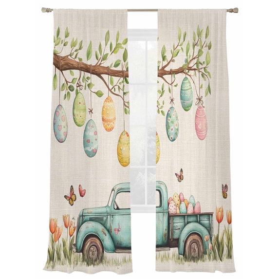 Easter Eggs Sheer Curtains 2 Panels Set Truck with Egg Sheer Window ...