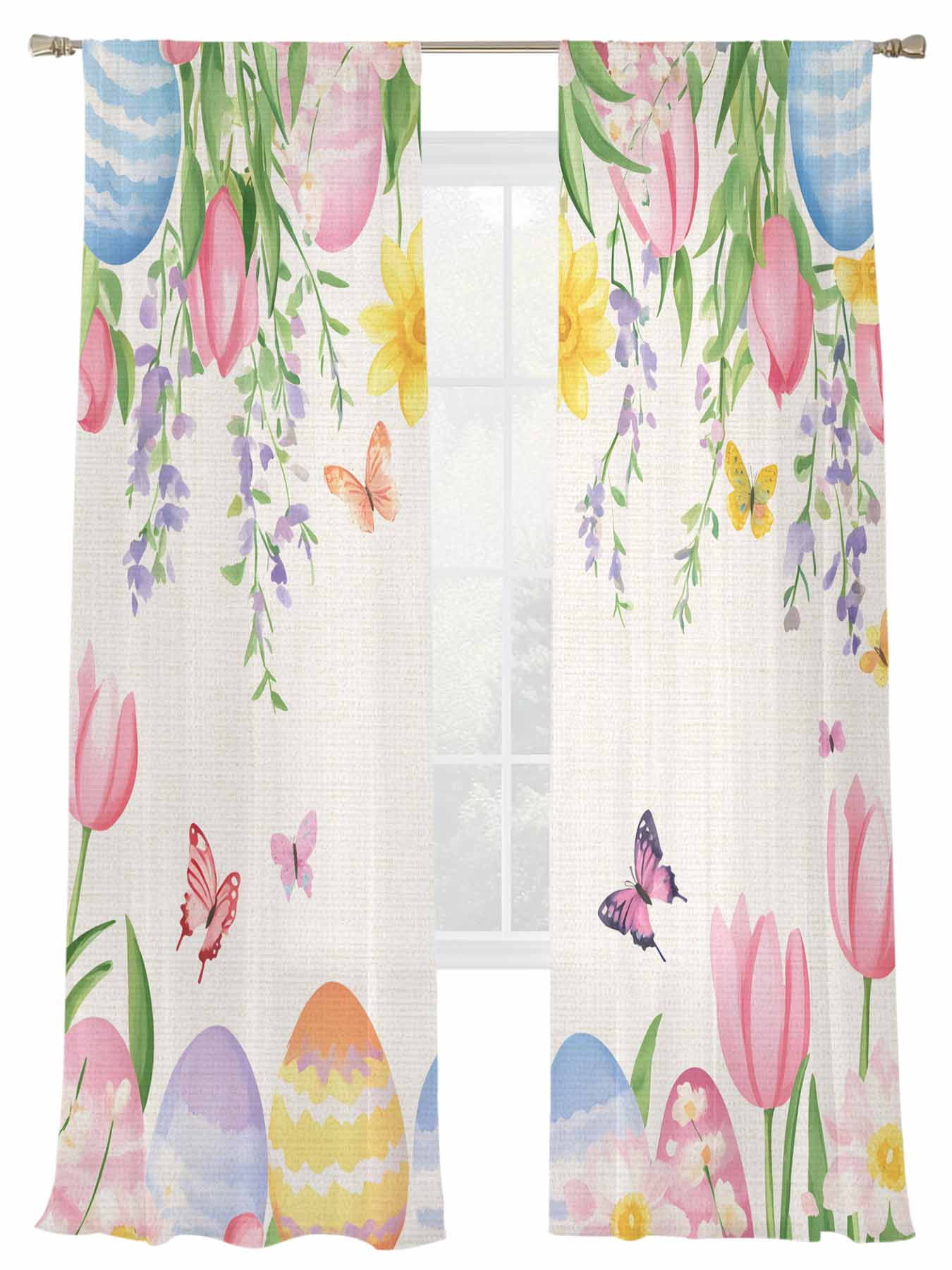 Easter Eggs Sheer Curtains 2 Panels Set Watercolor Spring Pink Blue ...