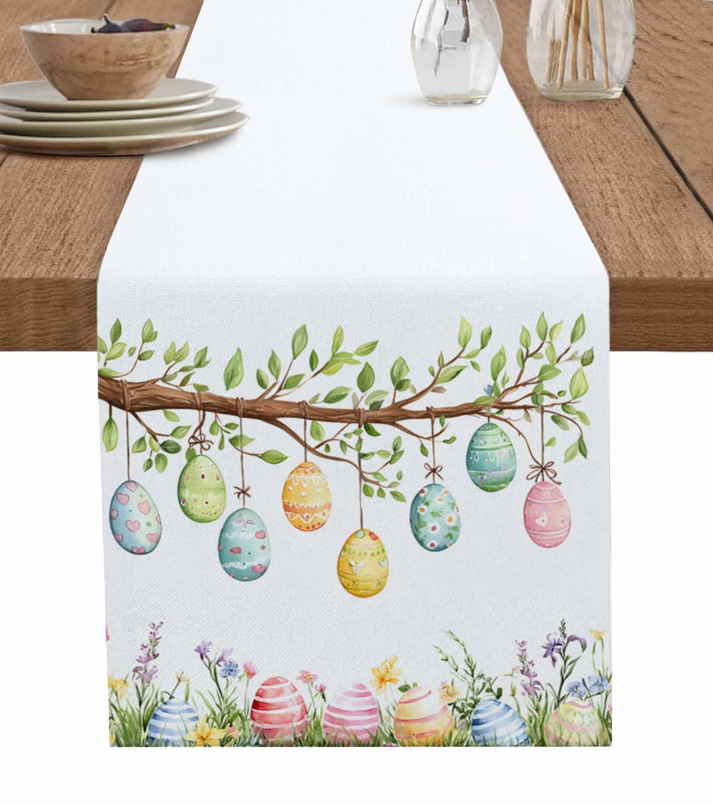 Easter Eggs Table Runner 108 Inches, Spring Flowers Tree Branch Grass Herbs Bed Runner Dresser ...