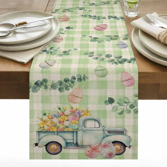 Easter Eggs Table Runner 13x120 inch Blue Truck Spring Flowers ...