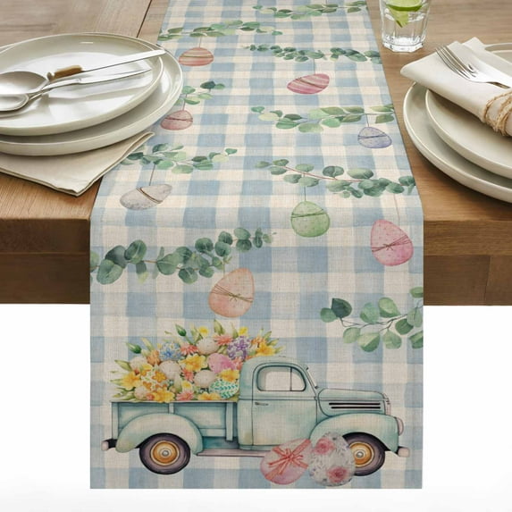 Easter Eggs Table Runner 13x60 inch Blue Truck Spring Flowers ...