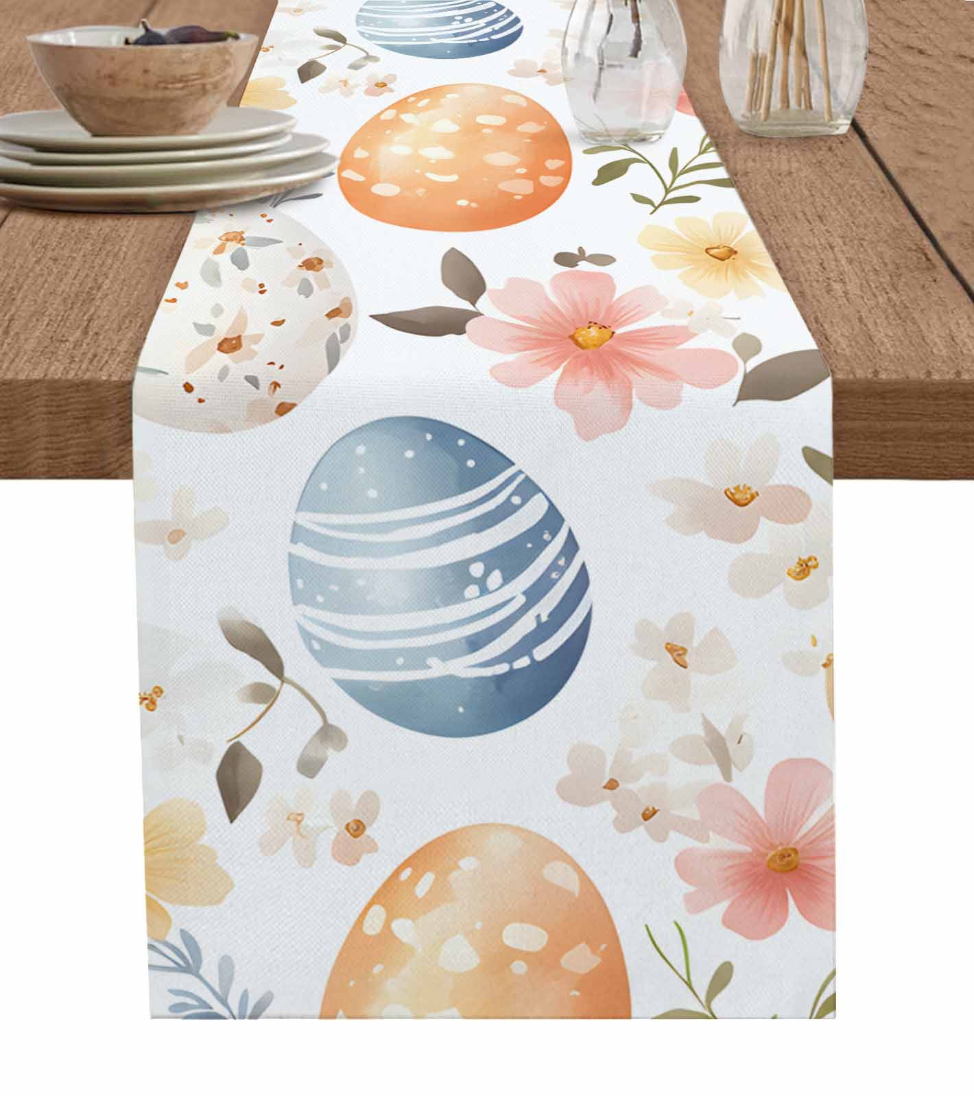 Easter Eggs Table Runner 72 Inches, Pastel Watercolor Spring Flowers Leaves Bed Runner Dresser ...