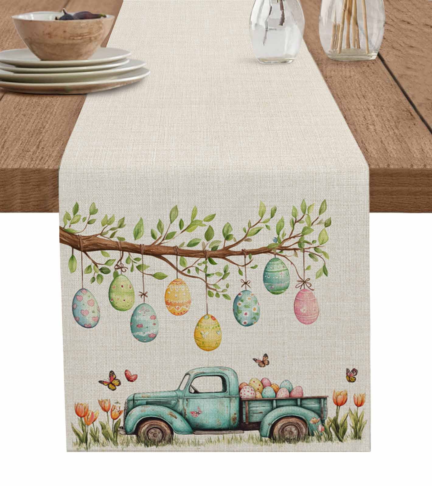 Easter Eggs Table Runner 72 Inches, Spring Blue Truck Flowers Butterfly Retro Bed Runner Dresser ...