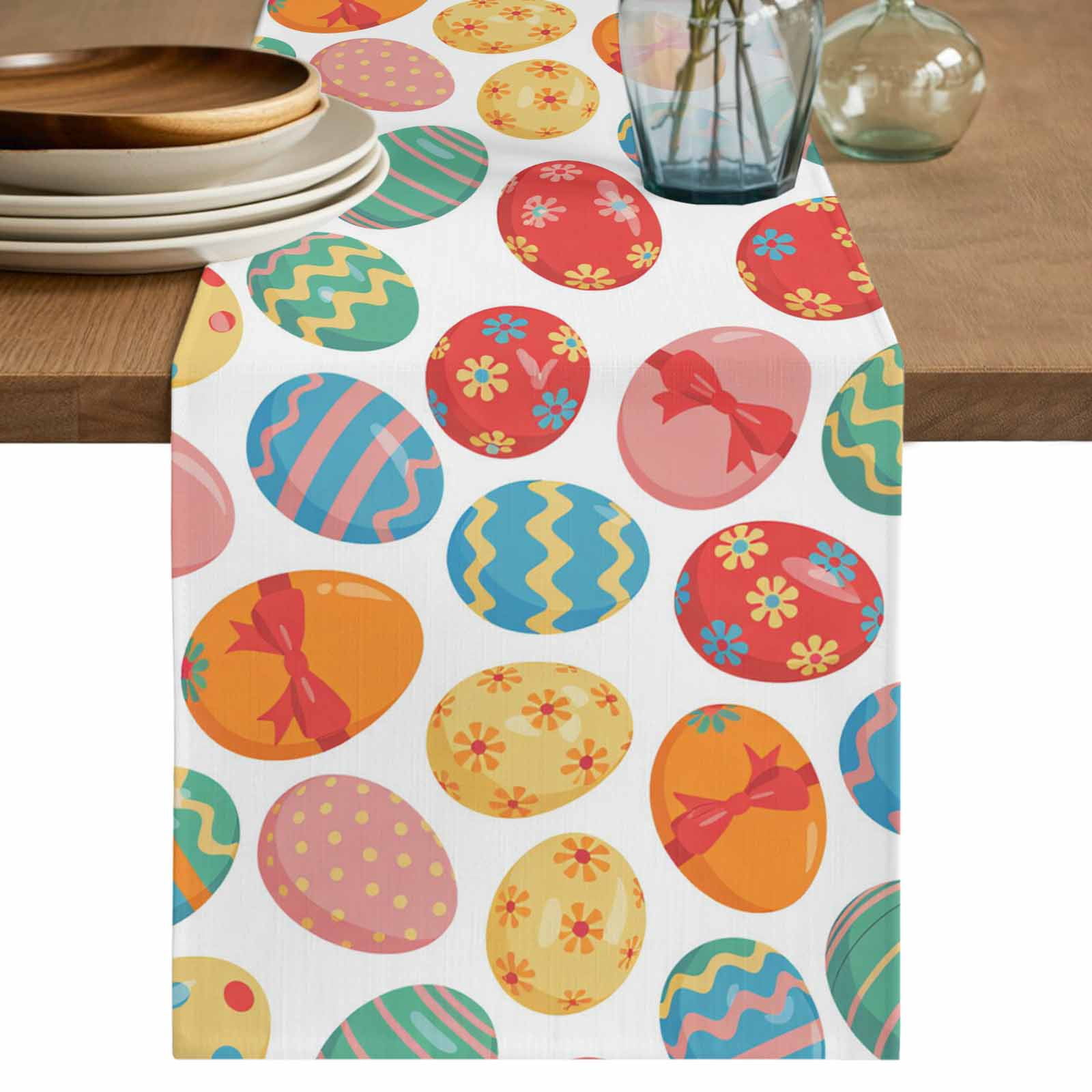 Easter Eggs Table Runner 72 Inches, Spring Colorful Striped Dots Bow ...