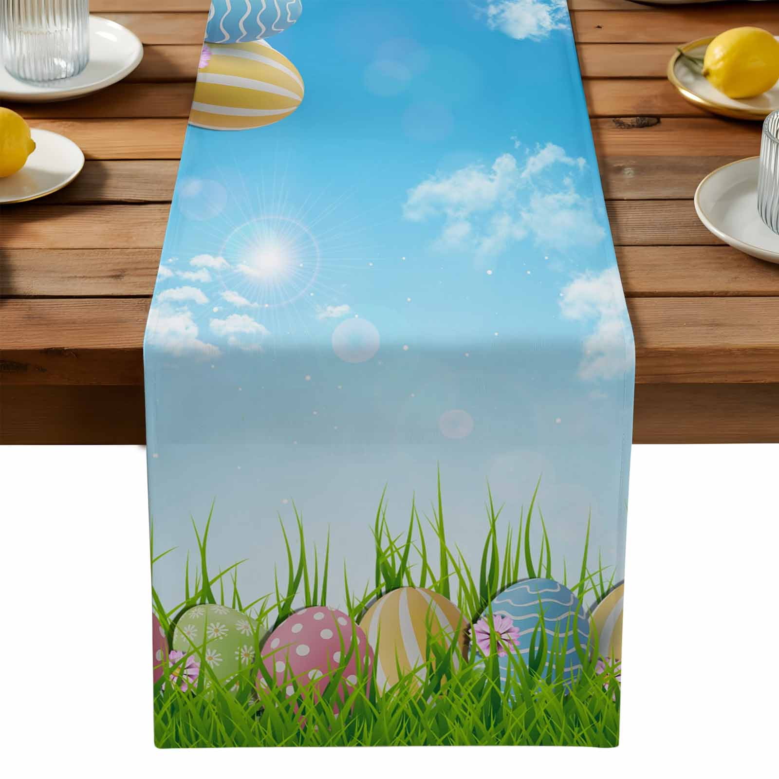 Easter Eggs Table Runner, Pink Green Blue Yellow Easter Eggs on Grass ...