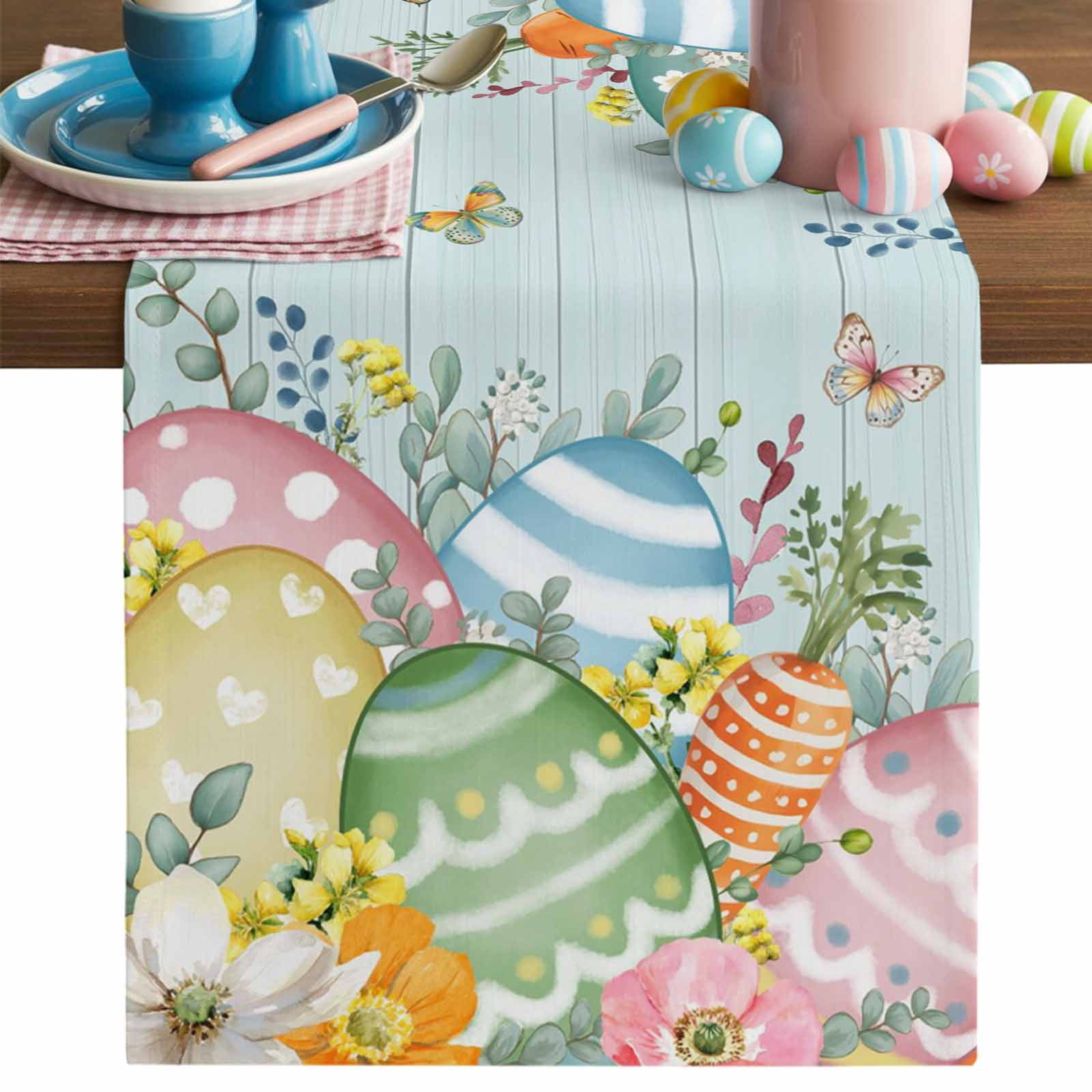 Easter Eggs Table Runner, Spring Colored Eggs Floral Leaf Teal Wood ...
