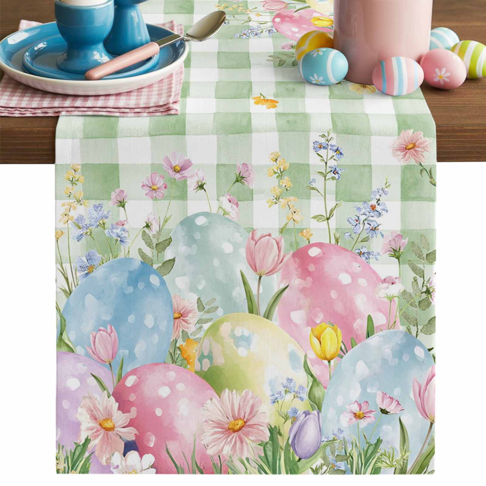 Easter Eggs Table Runner, Spring Colorful Eggs Floral Leaf Green Plaid ...