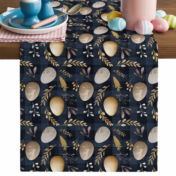 Easter Eggs Table Runner, Spring Gold Silver Eggs Leaf Dark Blue Plaid ...