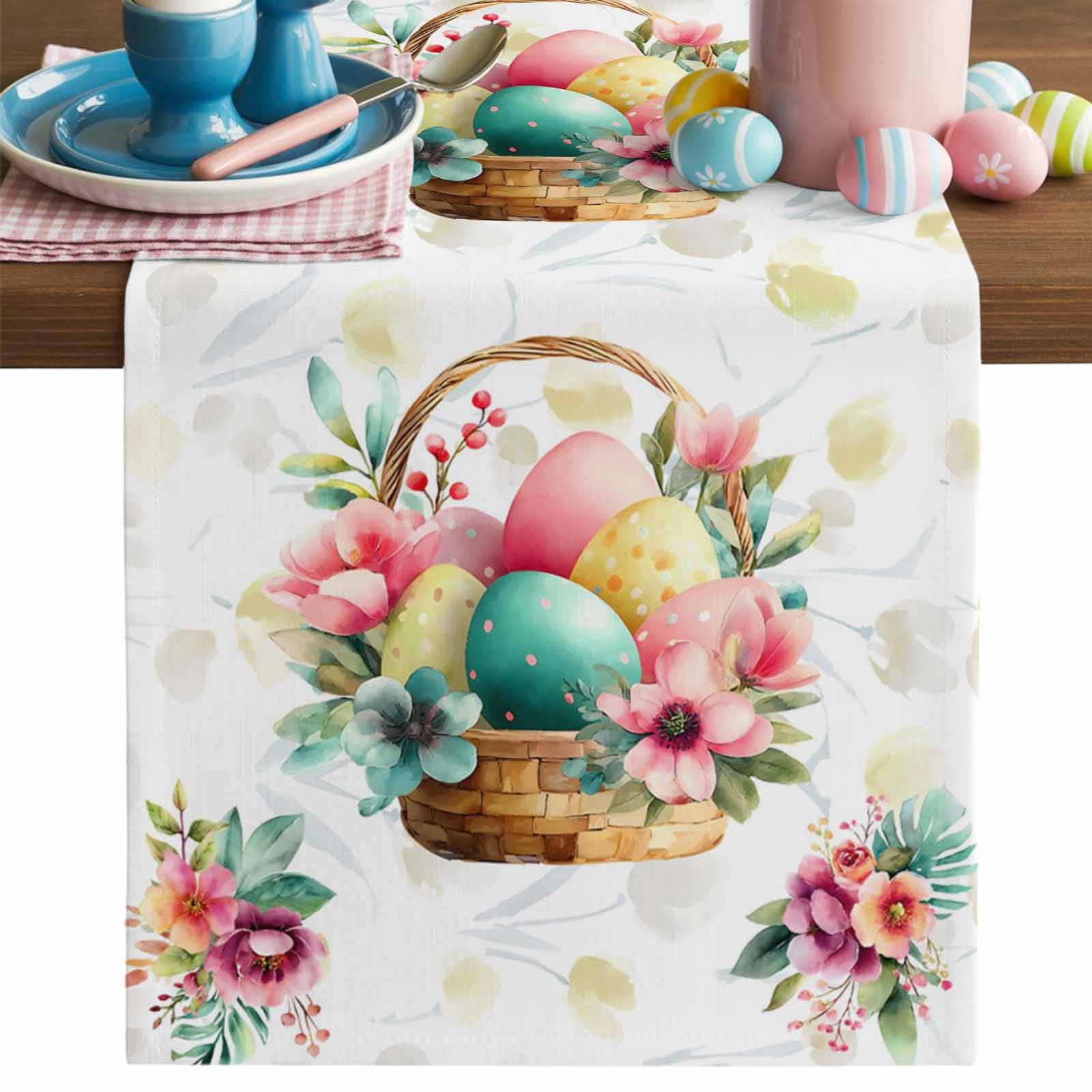 Easter Eggs Table Runner, Spring Watercolor Basket Yellow Floral ...