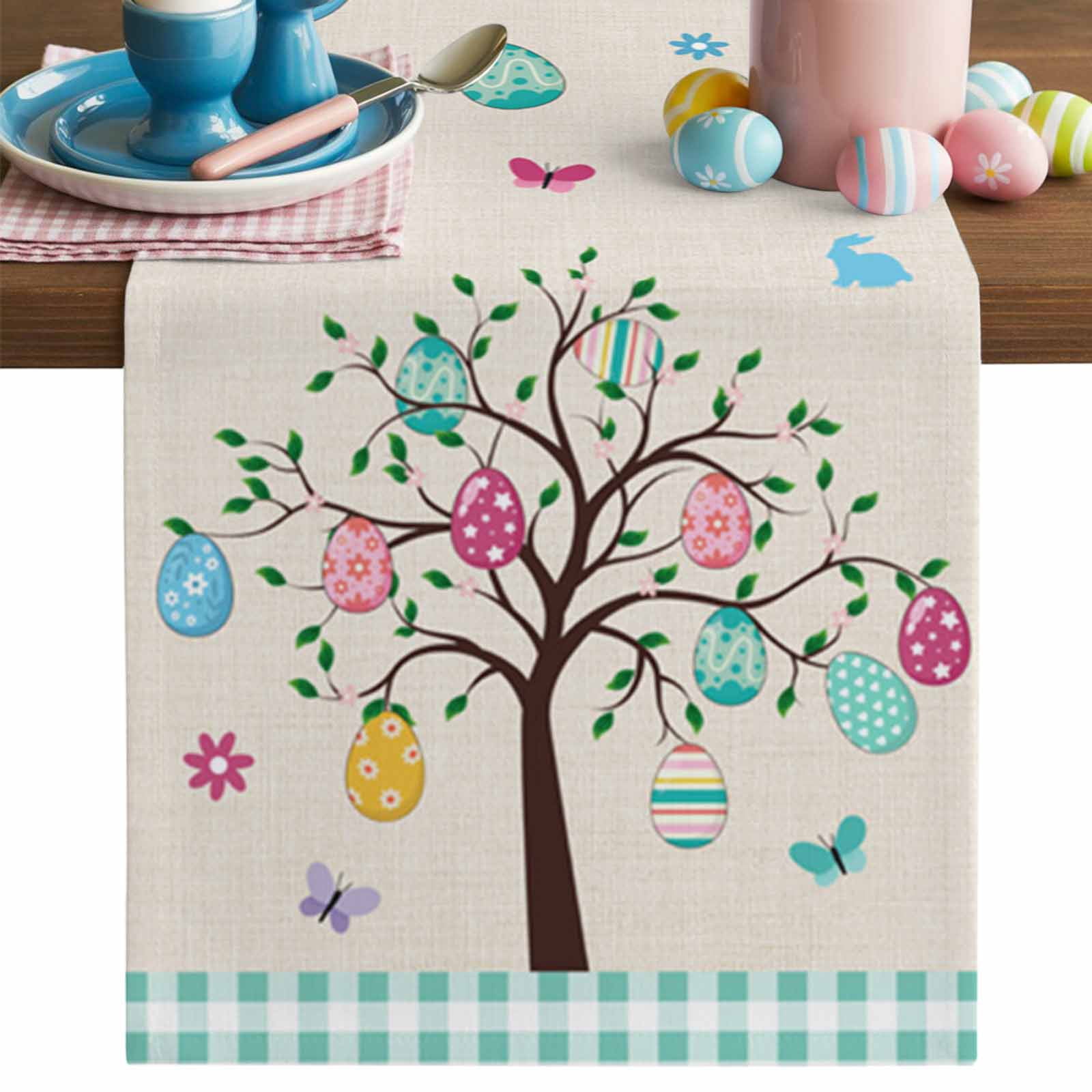 Easter Eggs Table Runner, Tree Rabbits Teal Buffalo Plaid Retro Texture ...