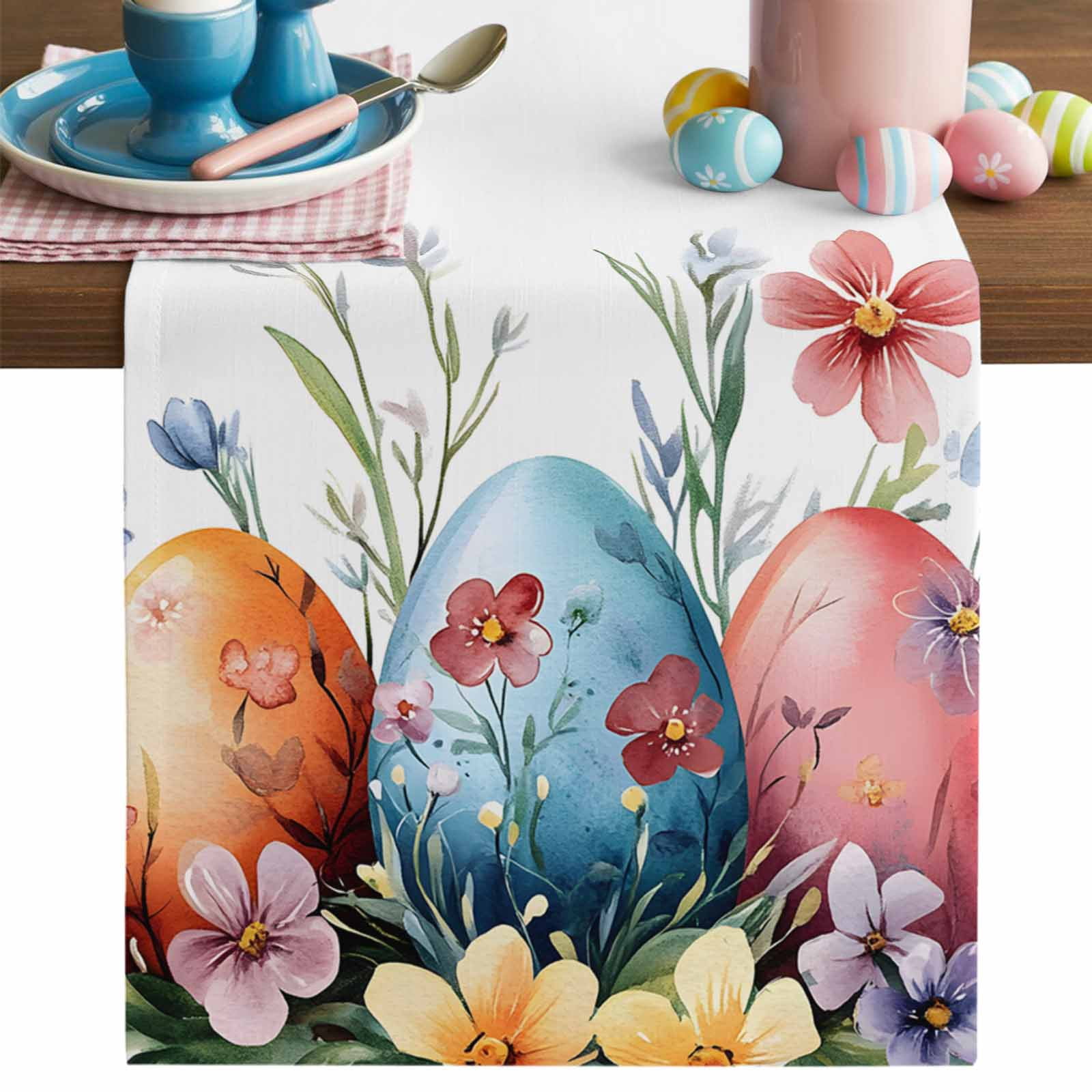 Easter Eggs Table Runner, Watercolor Orange Blue Red Egg Spring Yellow ...