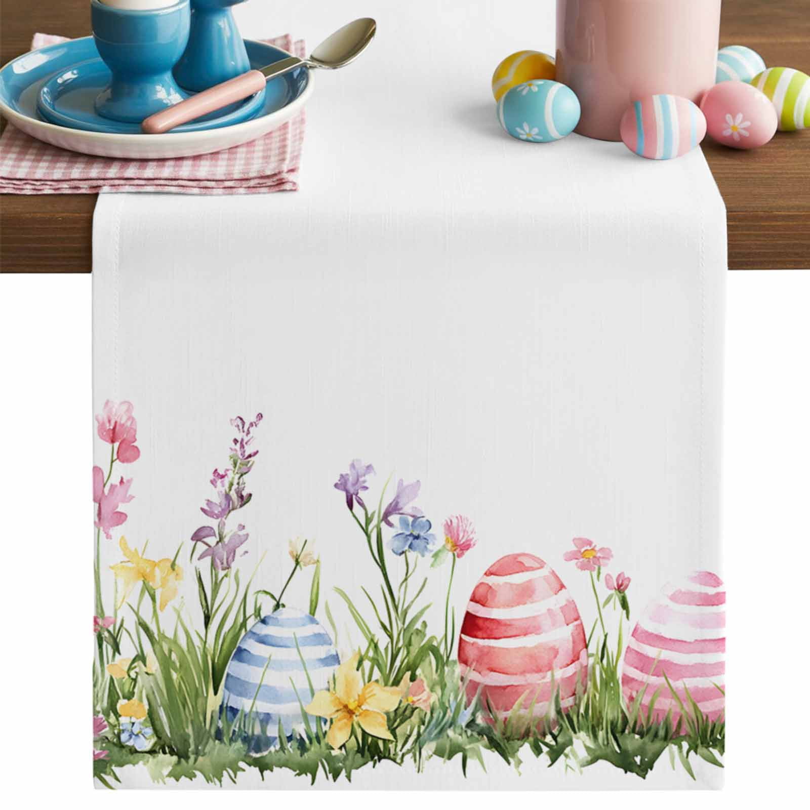 Easter Eggs Table Runner, Watercolor Red Pink Yellow Blue Eggs Spring ...
