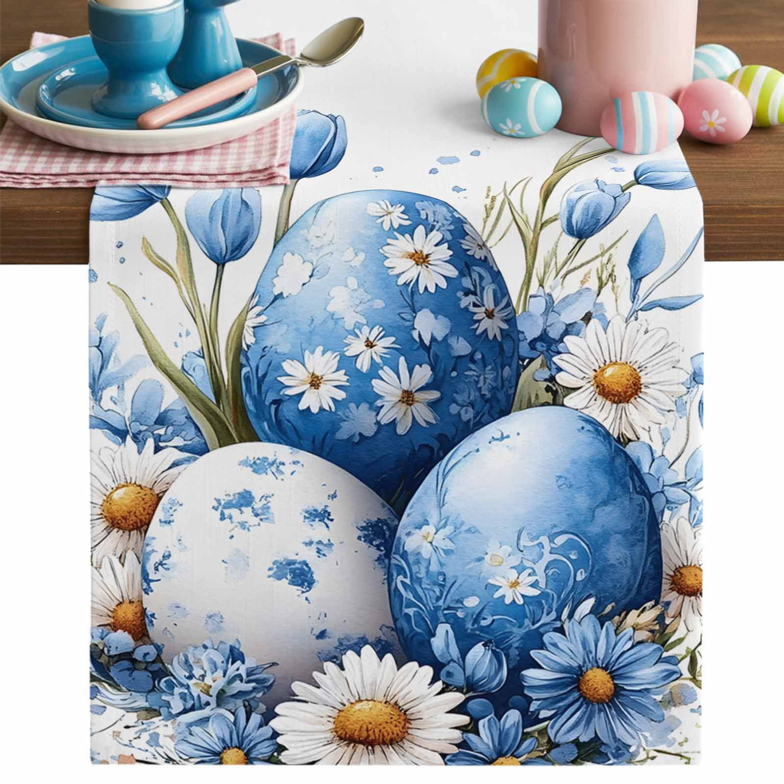 Easter Eggs Table Runner, Watercolor White Blue Egg with Blue White ...