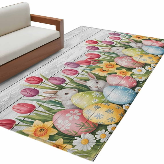 Easter Eggs Washable Area Rug 2.7 x 5 ft Spring Watercolor Eggs Rabbits ...